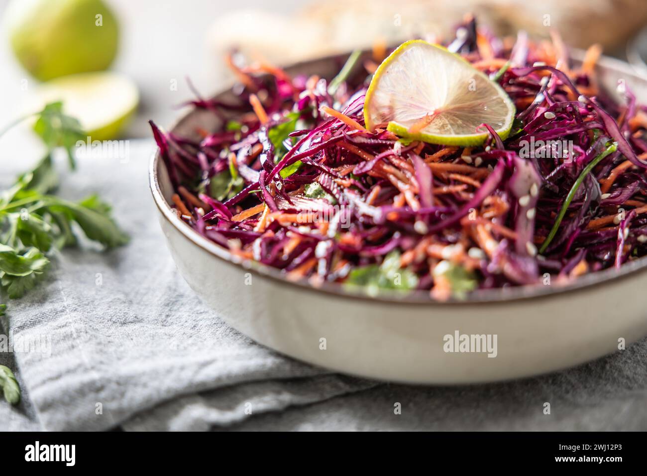 Healthy salad of red cabbage, carrots, coriander and sesame. Healthy ...
