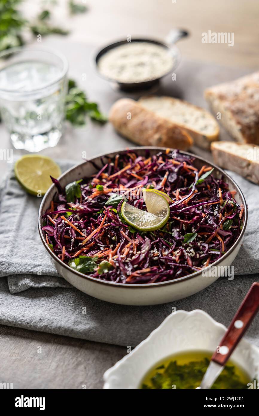 Healthy salad of red cabbage, carrots, coriander and sesame. Healthy ...