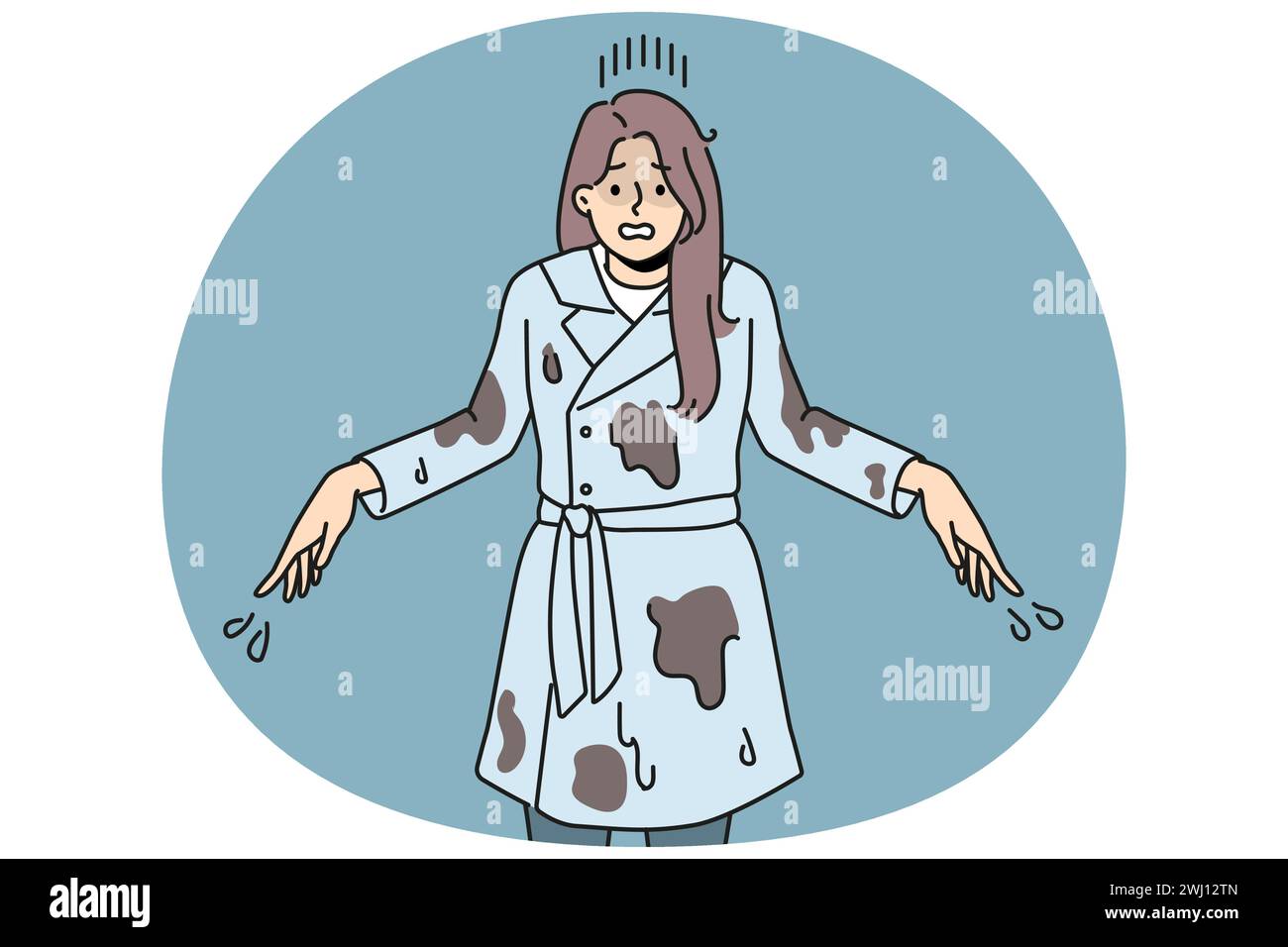 Stressed woman in dirt after fall in puddle. Unhappy distressed girl in ...