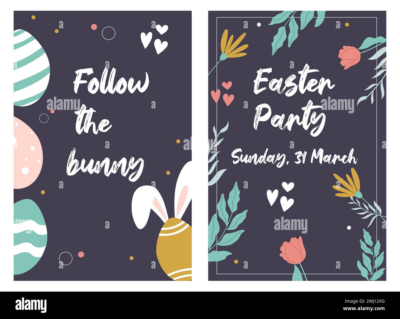 Handdrawn posters Easter party, Follow the bunny. Colourful vertical ...