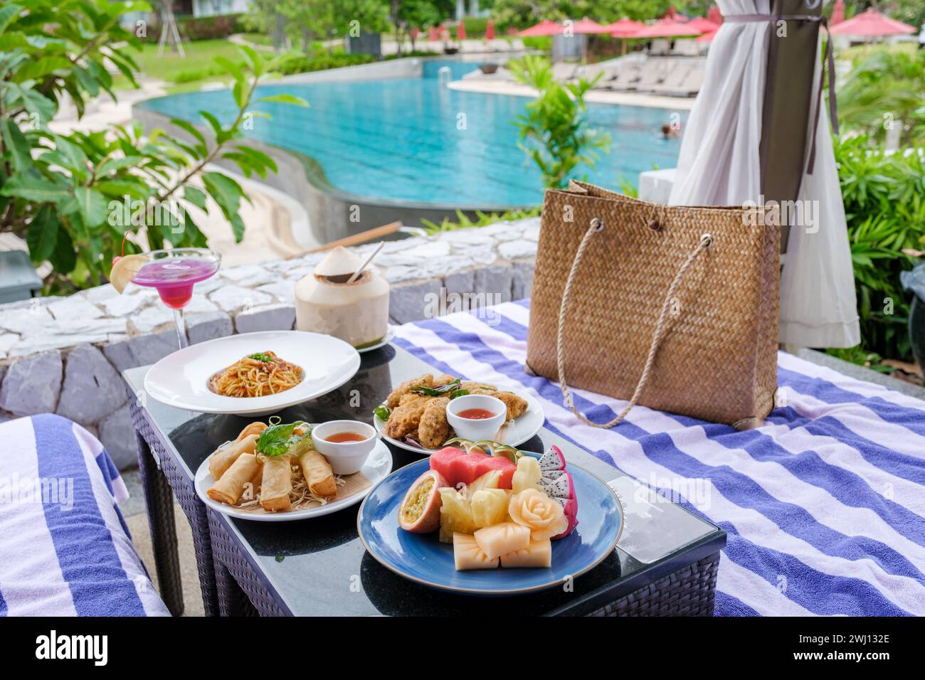 Lunch with spaghetti and snacks at a restaurant looking out over the ...