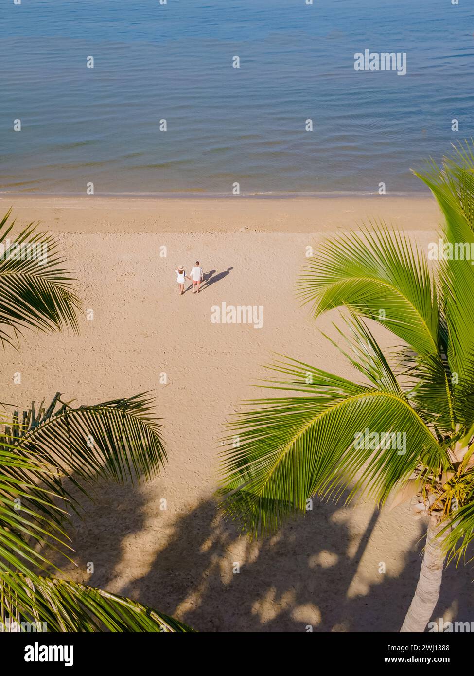 Drone view from above at a couple of men and woman walking on the beach ...