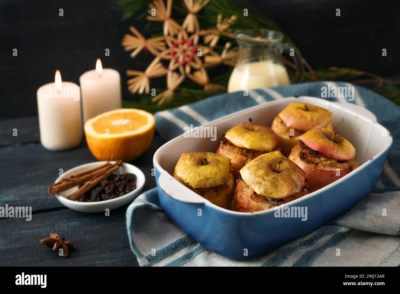 German baked apples filled with almonds, marzipan and honey in a ...
