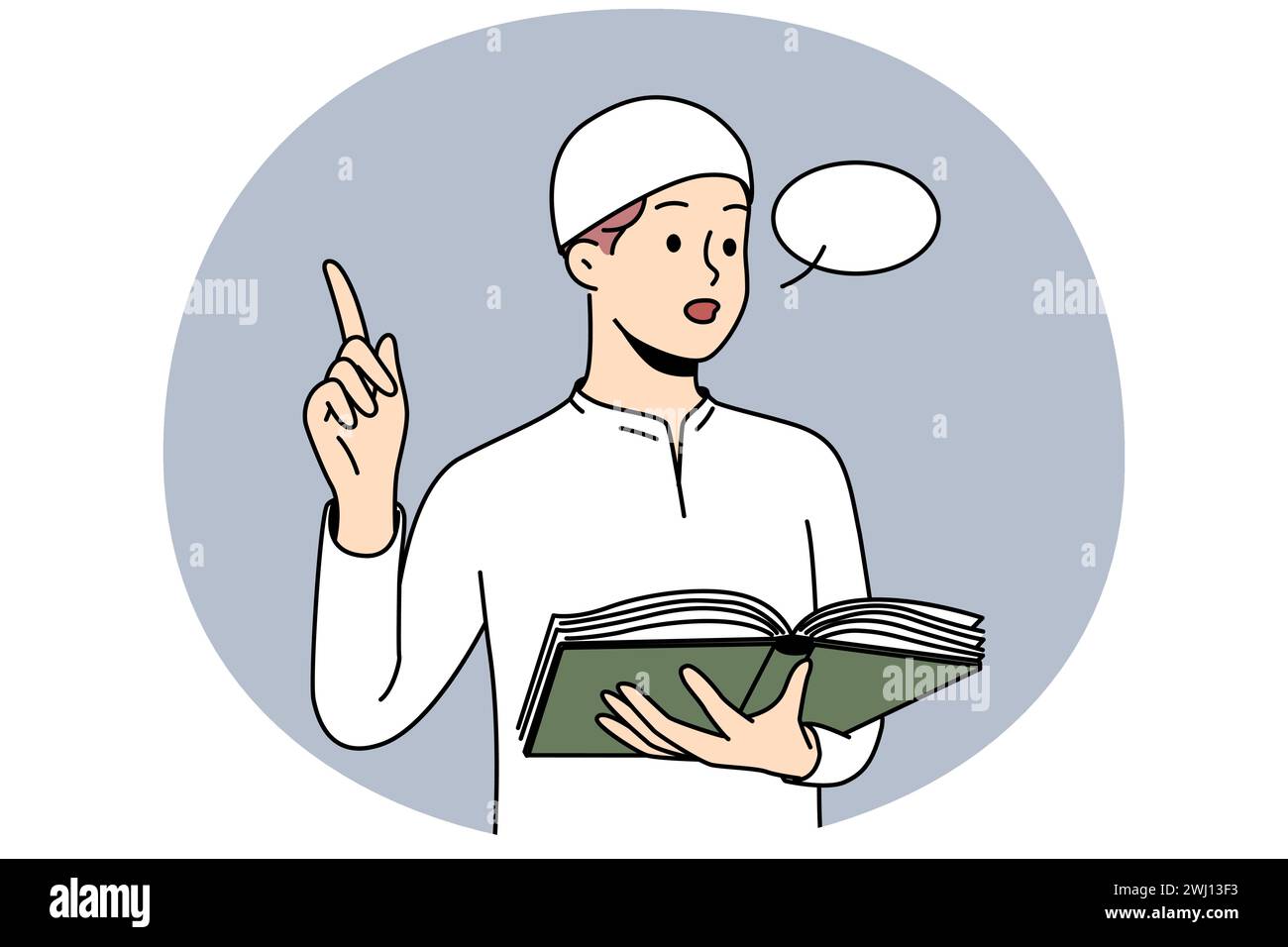 Arabic man in traditional headwear reading from Koran. Muslim male make ...