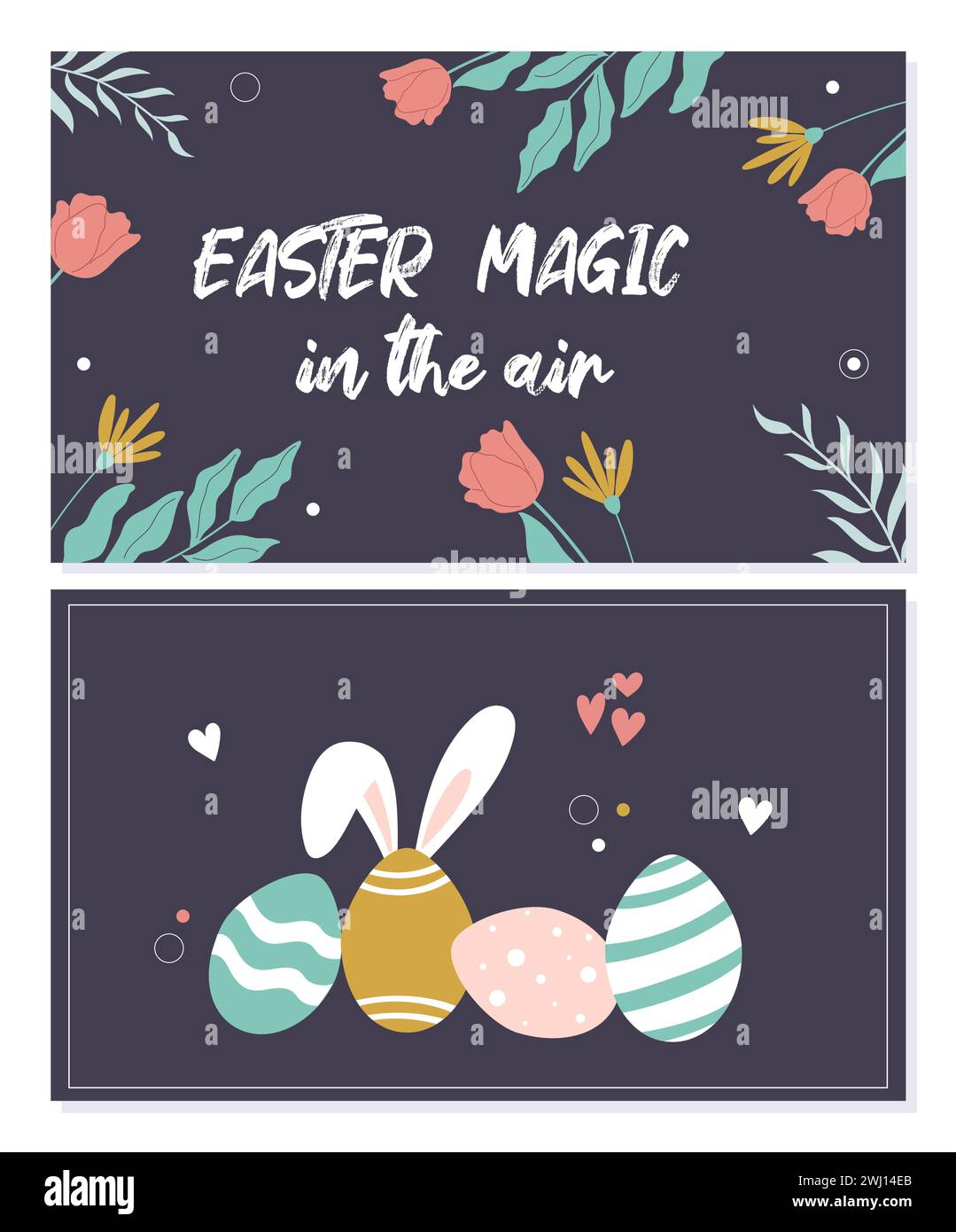 Handdrawn banners for Easter with spring flowers, eggs and bunny ears ...