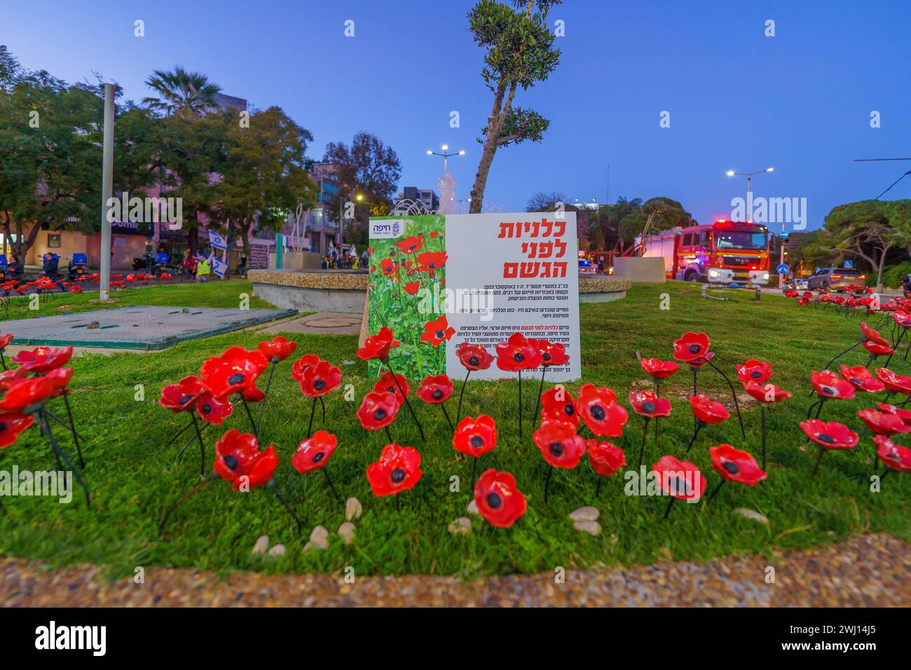 Haifa, Israel - February 10, 2024: Display with symbolic flowers, as a ...