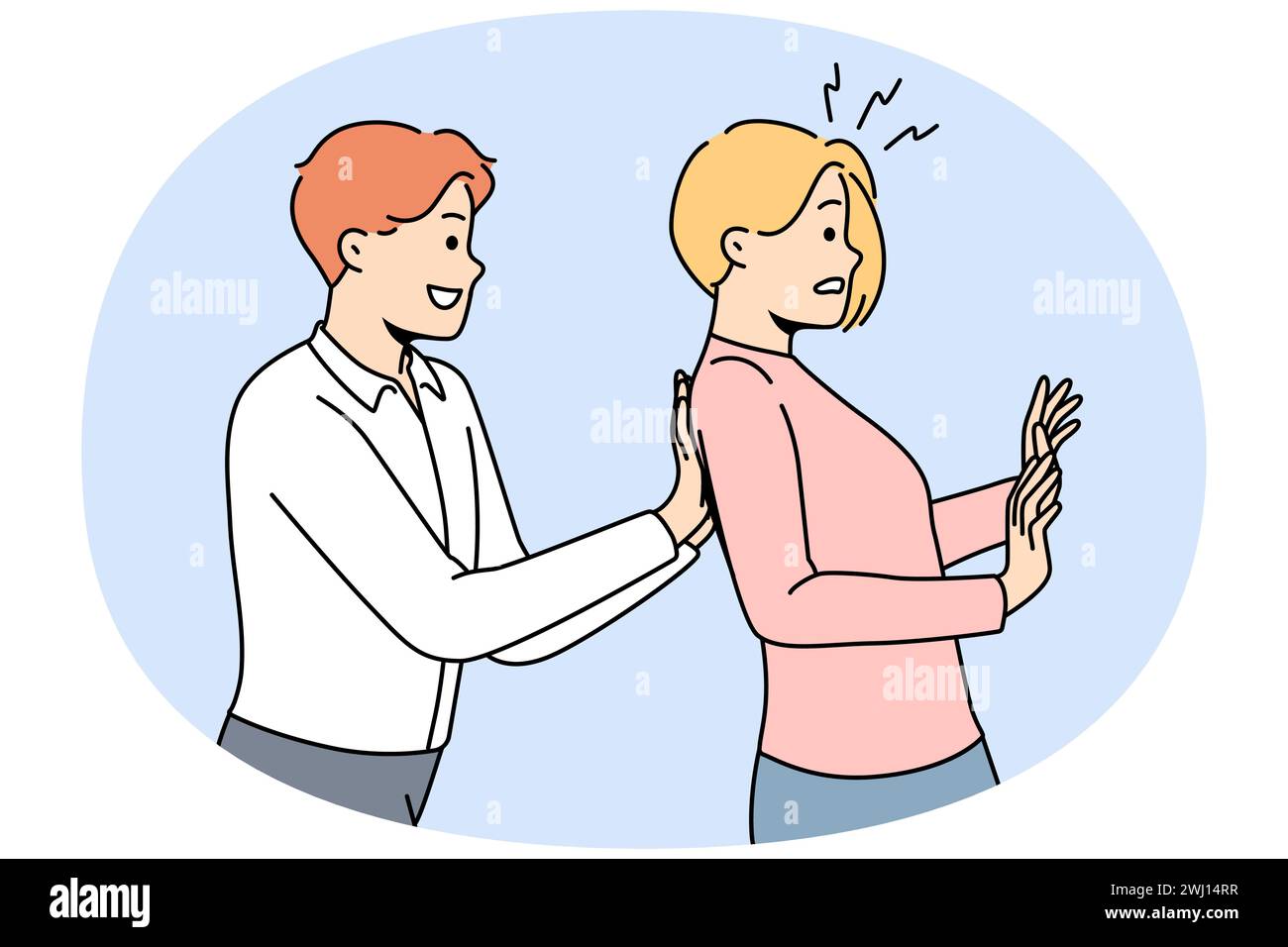 Smiling male employee push stressed female colleague forward. Happy ...