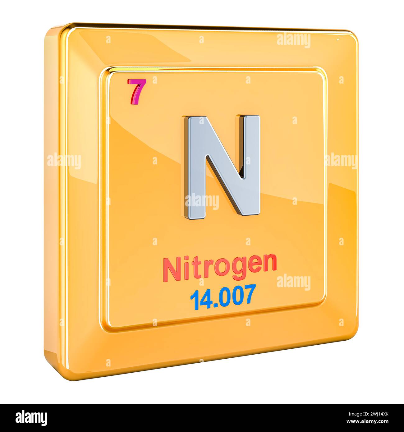 Nitrogen N, chemical element number 7 in periodic table. 3D rendering ...