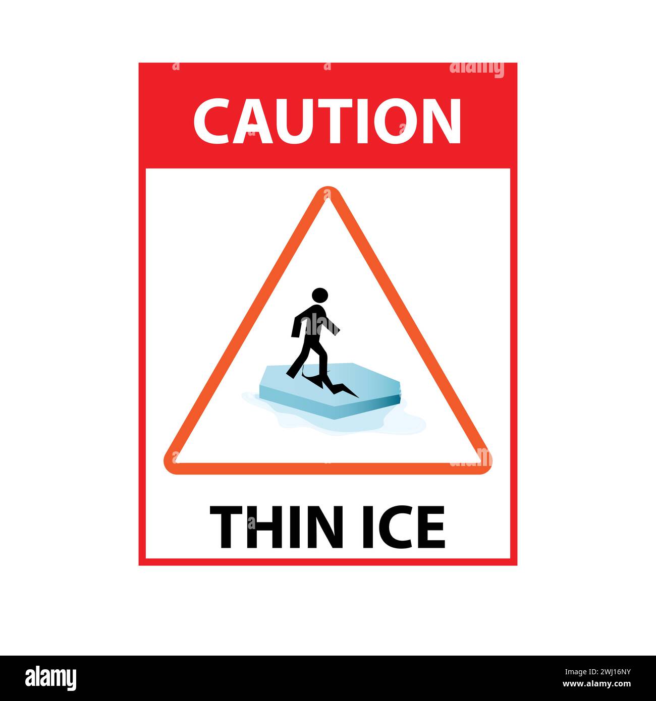Silhouette of a person on a cracked ice floe with the text caution thin ...