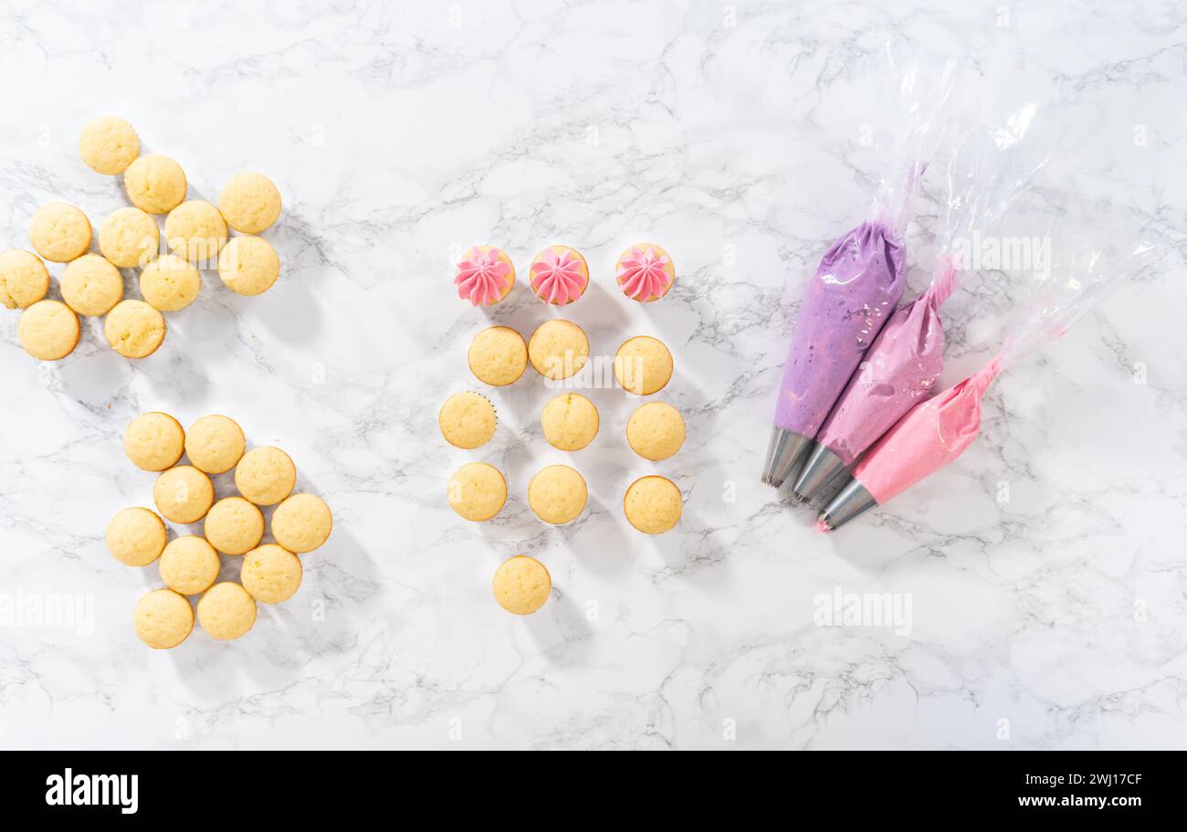 Mini Vanilla Cupcakes with Pink Buttercream Frosting Stock Photo - Alamy