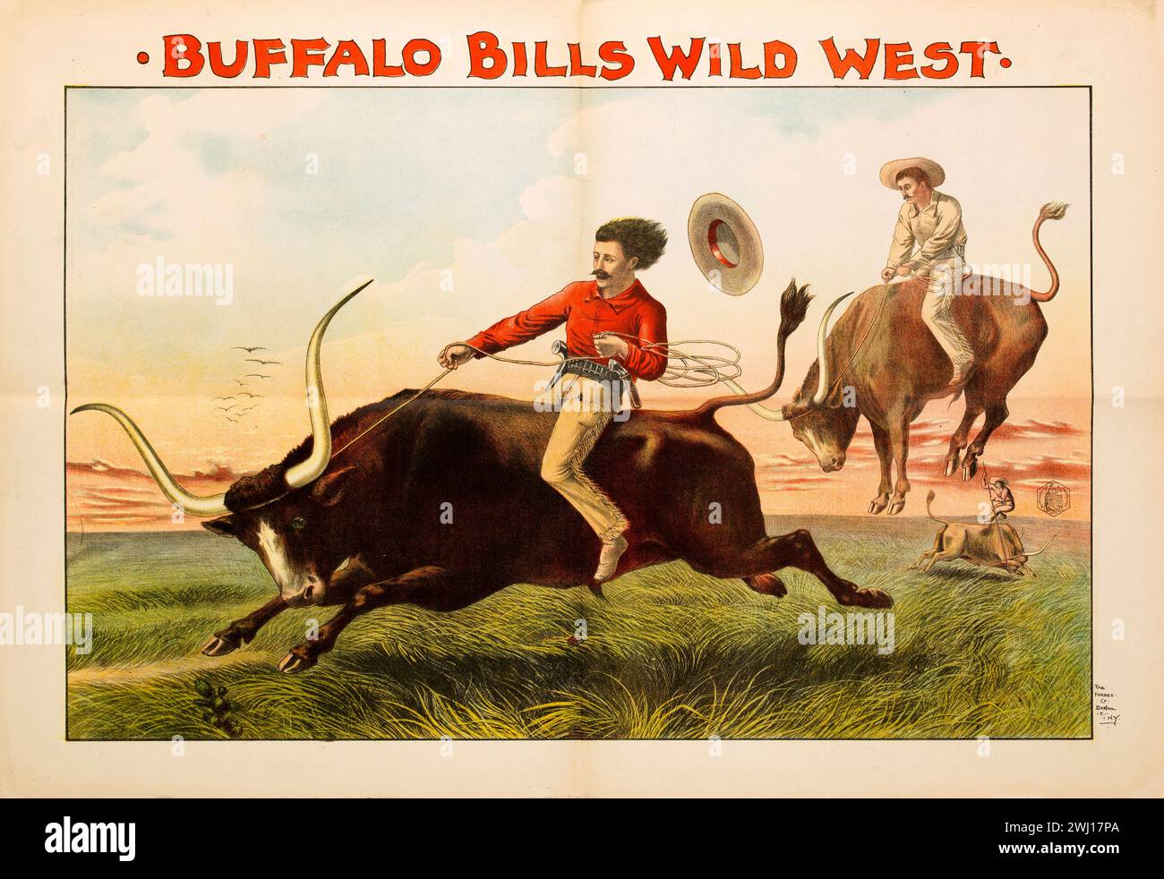 "BUFFALO BILLS WILD WEST". Cowboy riding a bull in a prairie field of ...