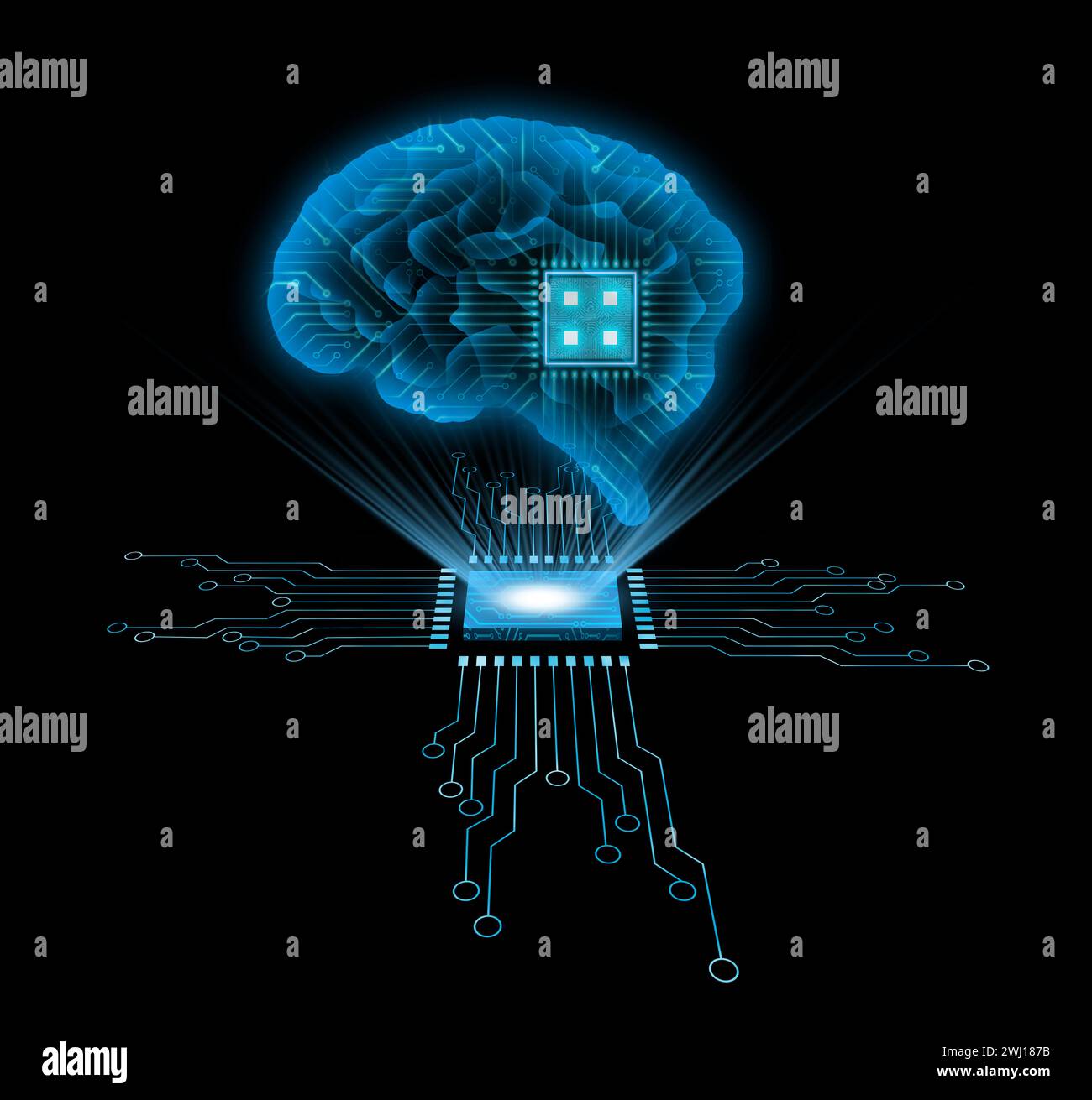 microchip light spot shining human brain holographic blue glow futuristic with microchip inside ...