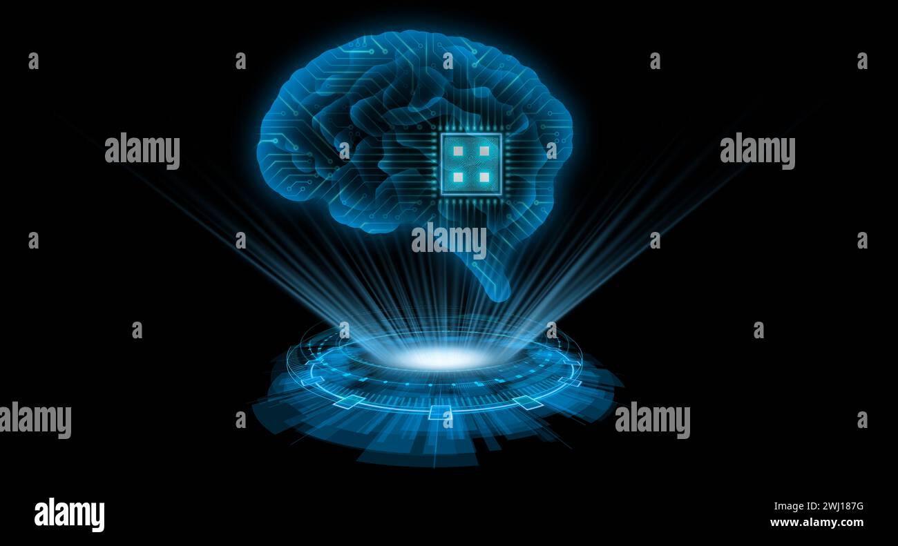 human brain blue glow futuristic with chip and circuit board inside on holographic hud with spot ...