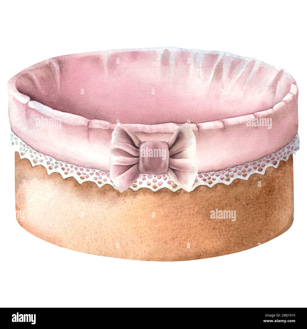 Round cardboard storage box with dusty pink fabric lining with lace and ...