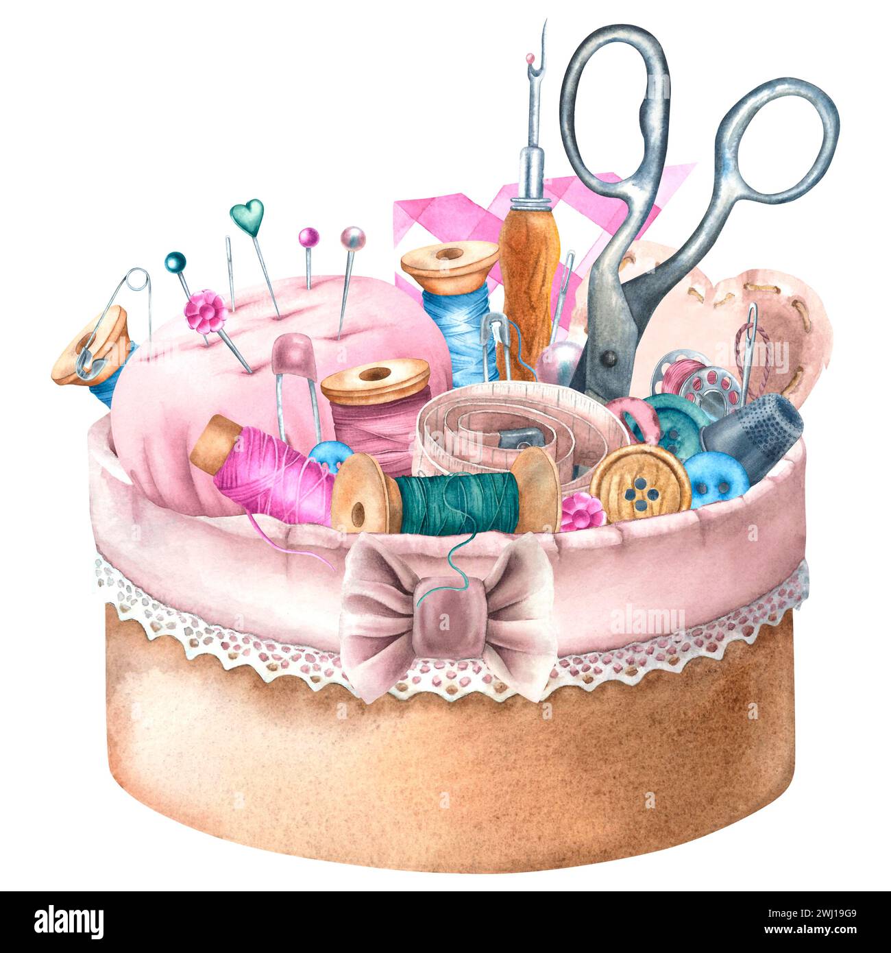 Round cardboard storage box with bow, filled with sewing supplies. Hand ...