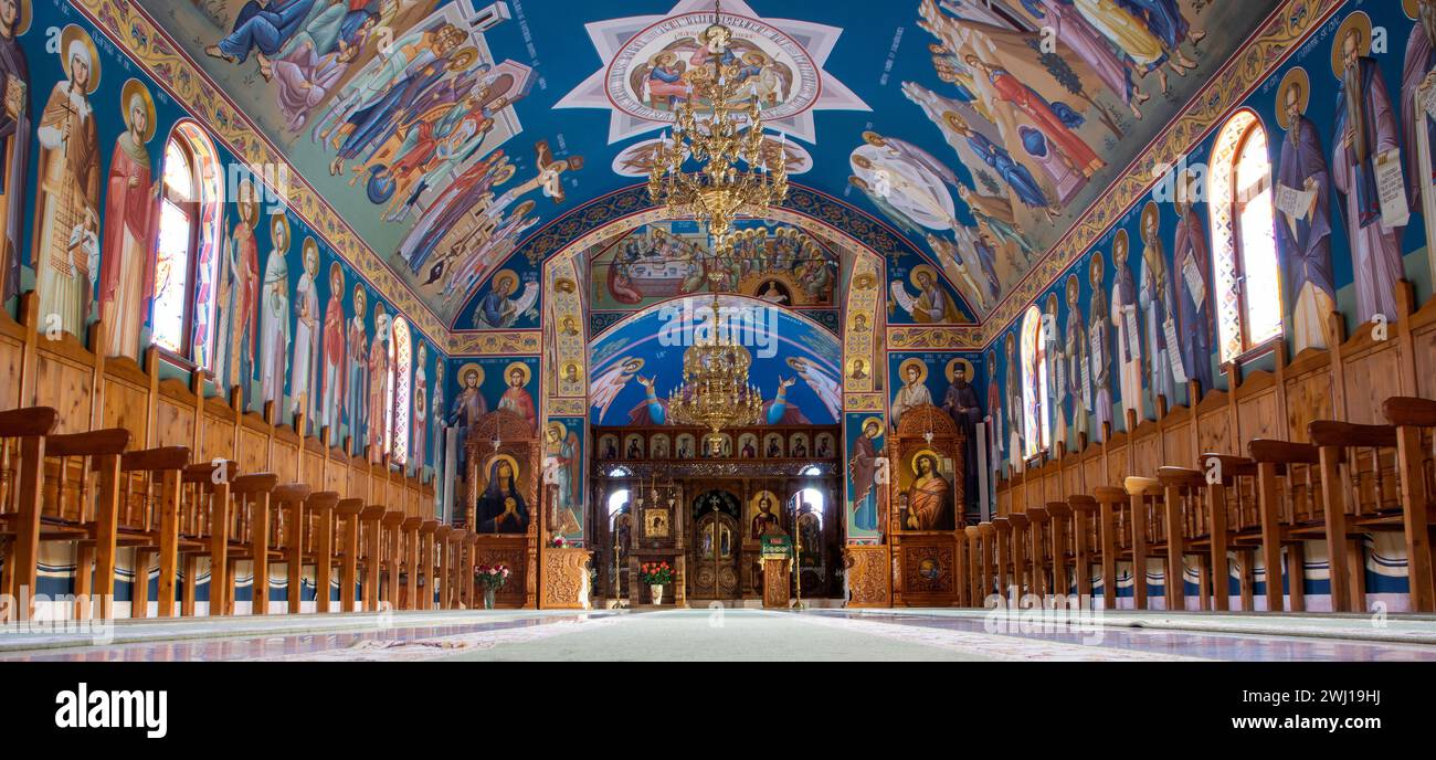 An interior shot of an empty orthodox church in Marginea, Romania Stock ...