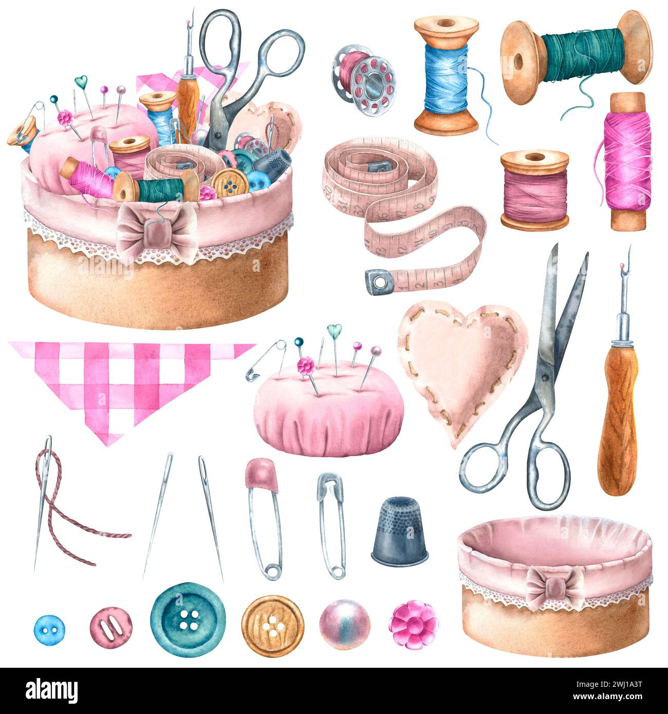Watercolor sewing clipart: needles, threads, bobbin, scissors, tape ...