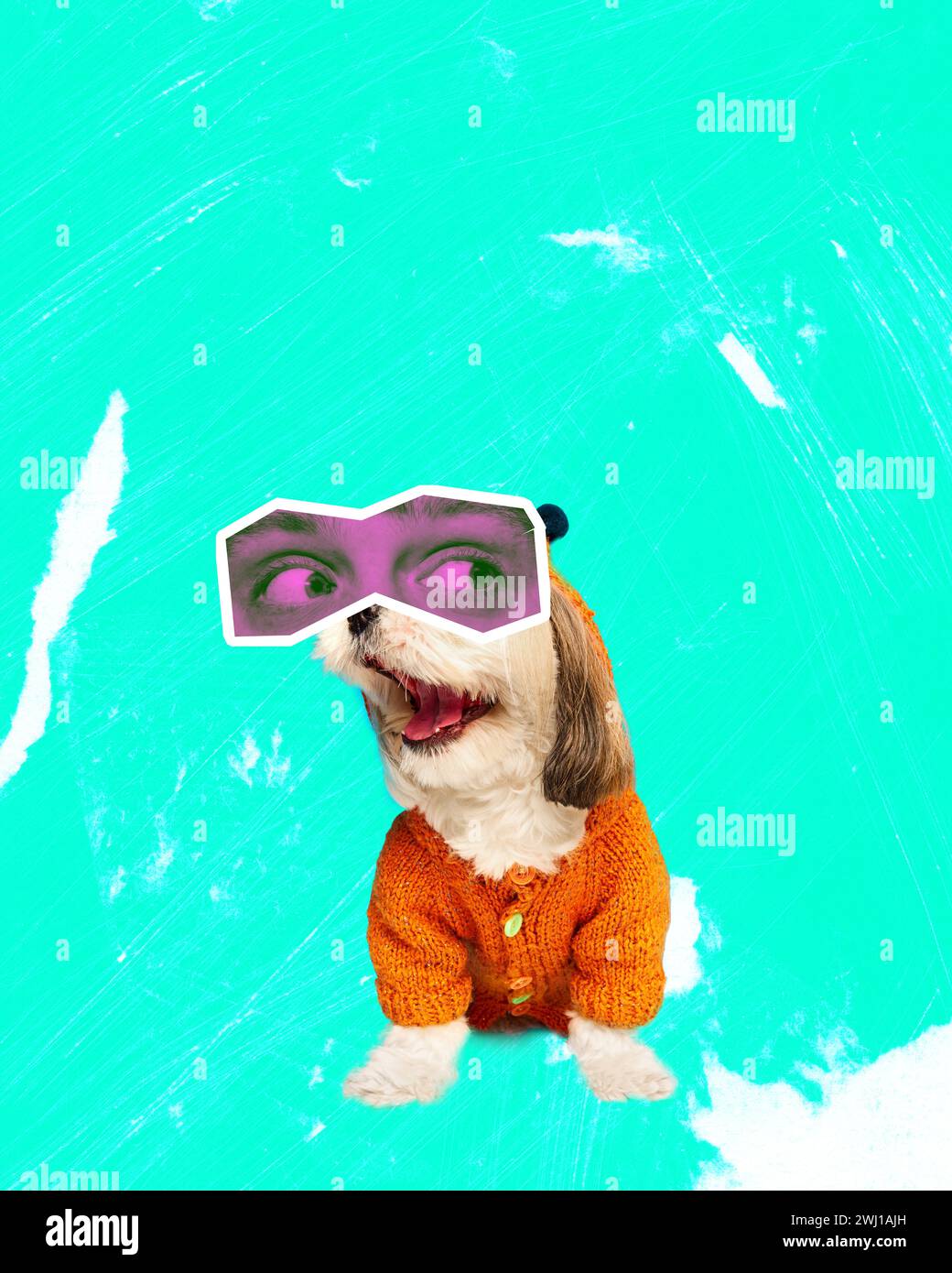 Contemporary art collage. Purebred dog with human eyes in pink neon ...