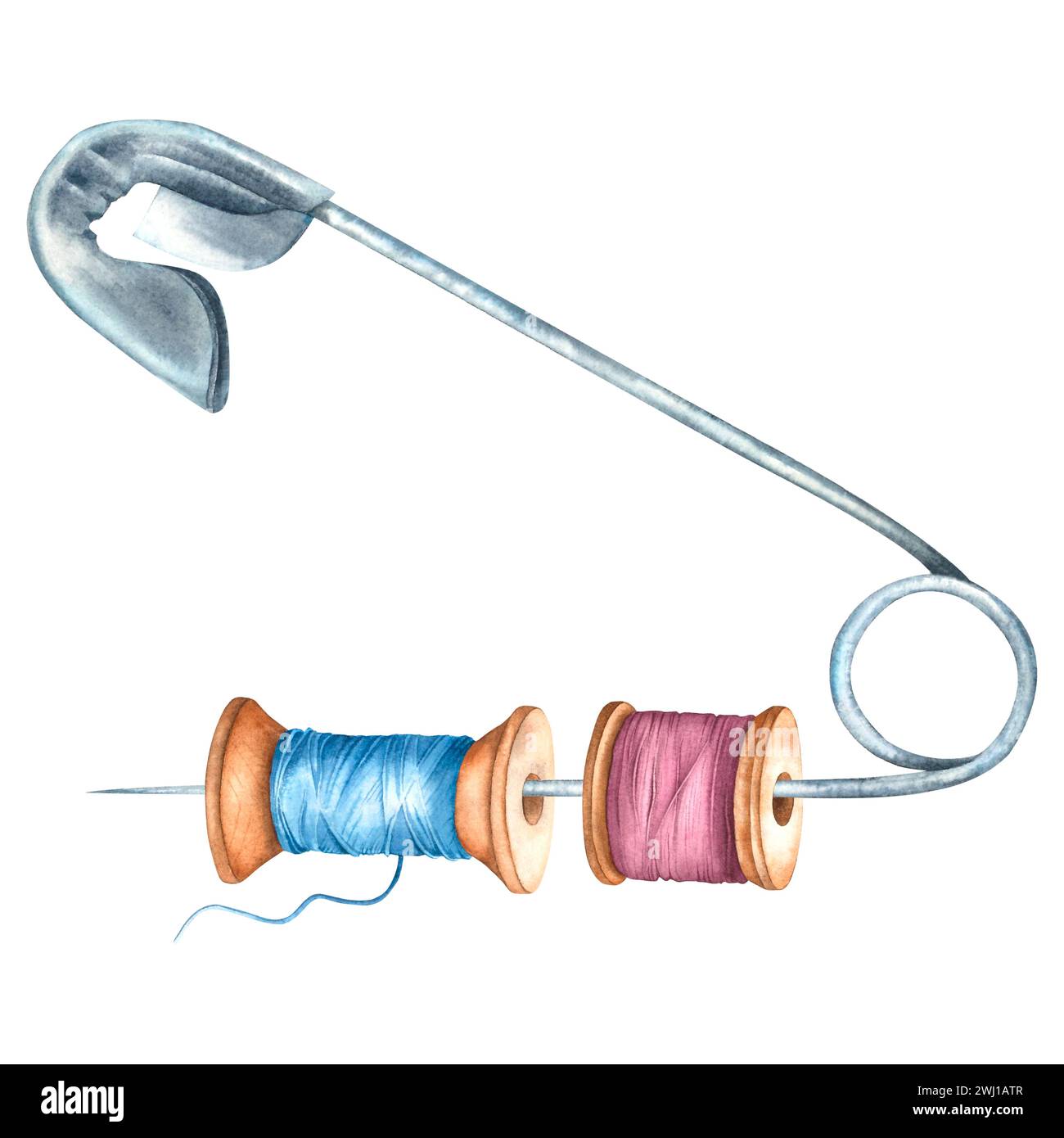 A composition of safety pin with spools of blue and pink thread. Hand ...
