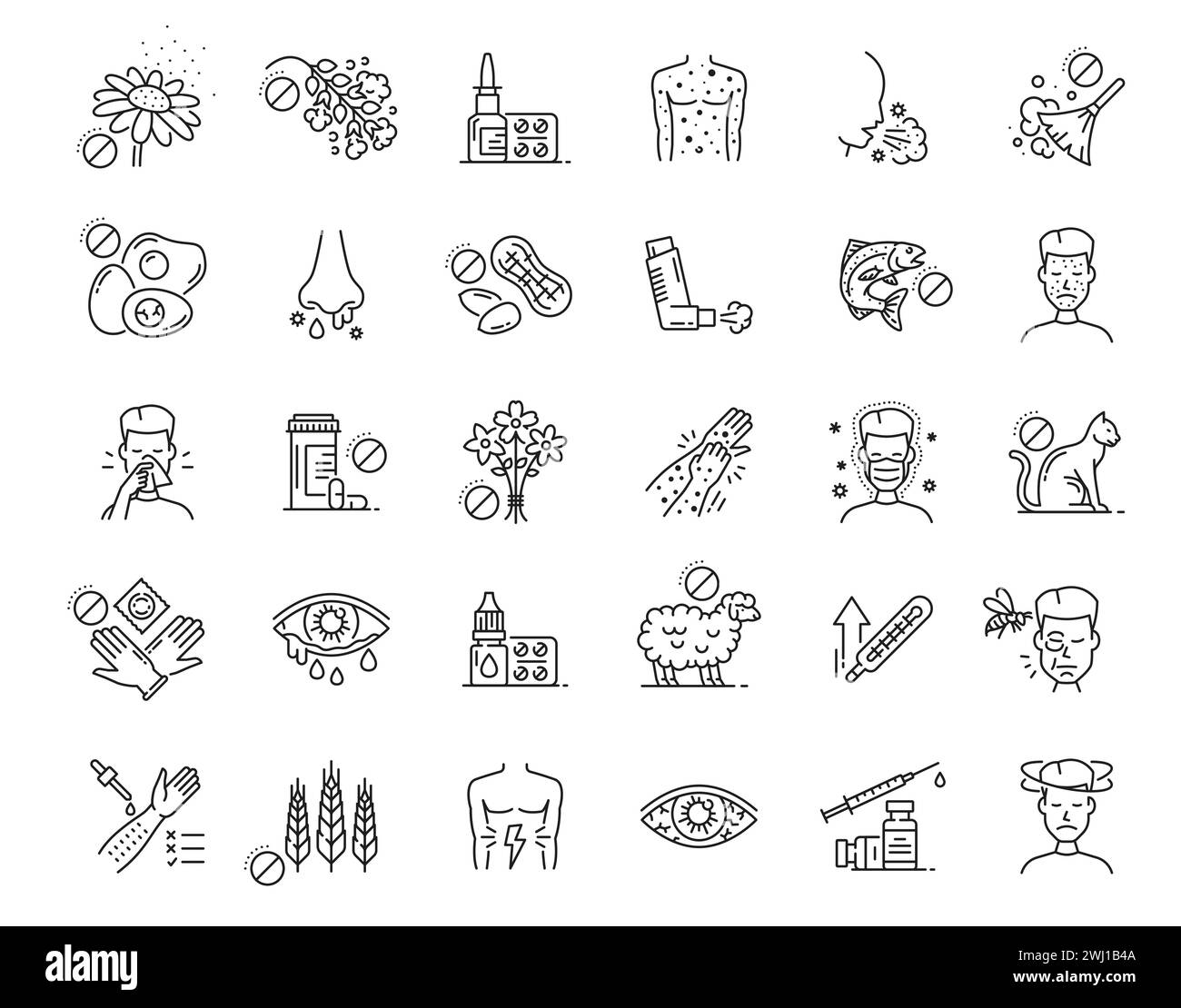 Allergy icons. Asthma, fever, rhinitis allergic symptoms with vector ...