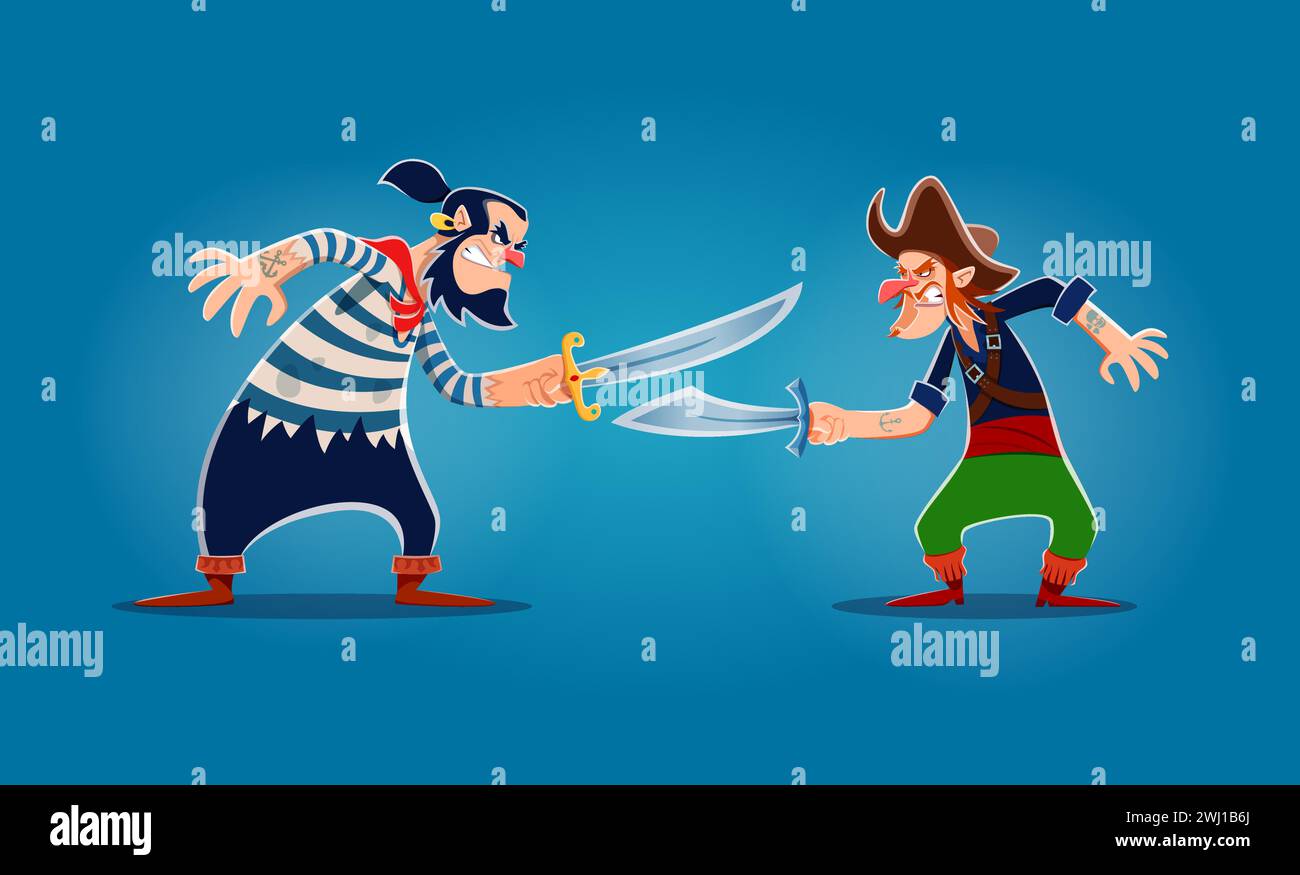Two cartoon pirates, corsair and sailor characters fighting on sabers ...