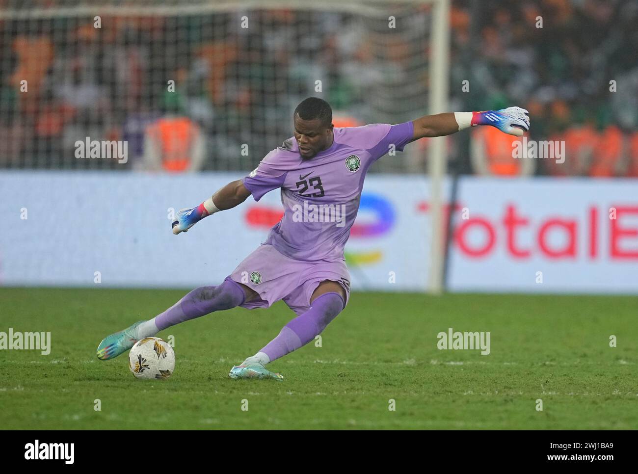 February 11 2024: Stanley Bobo Nwabali (Nigeria) controls the ball ...
