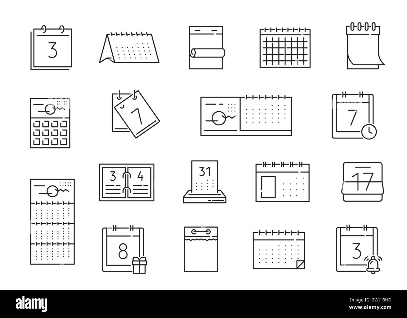 Calendar outline icons, date pages of reminder schedule and planner ...