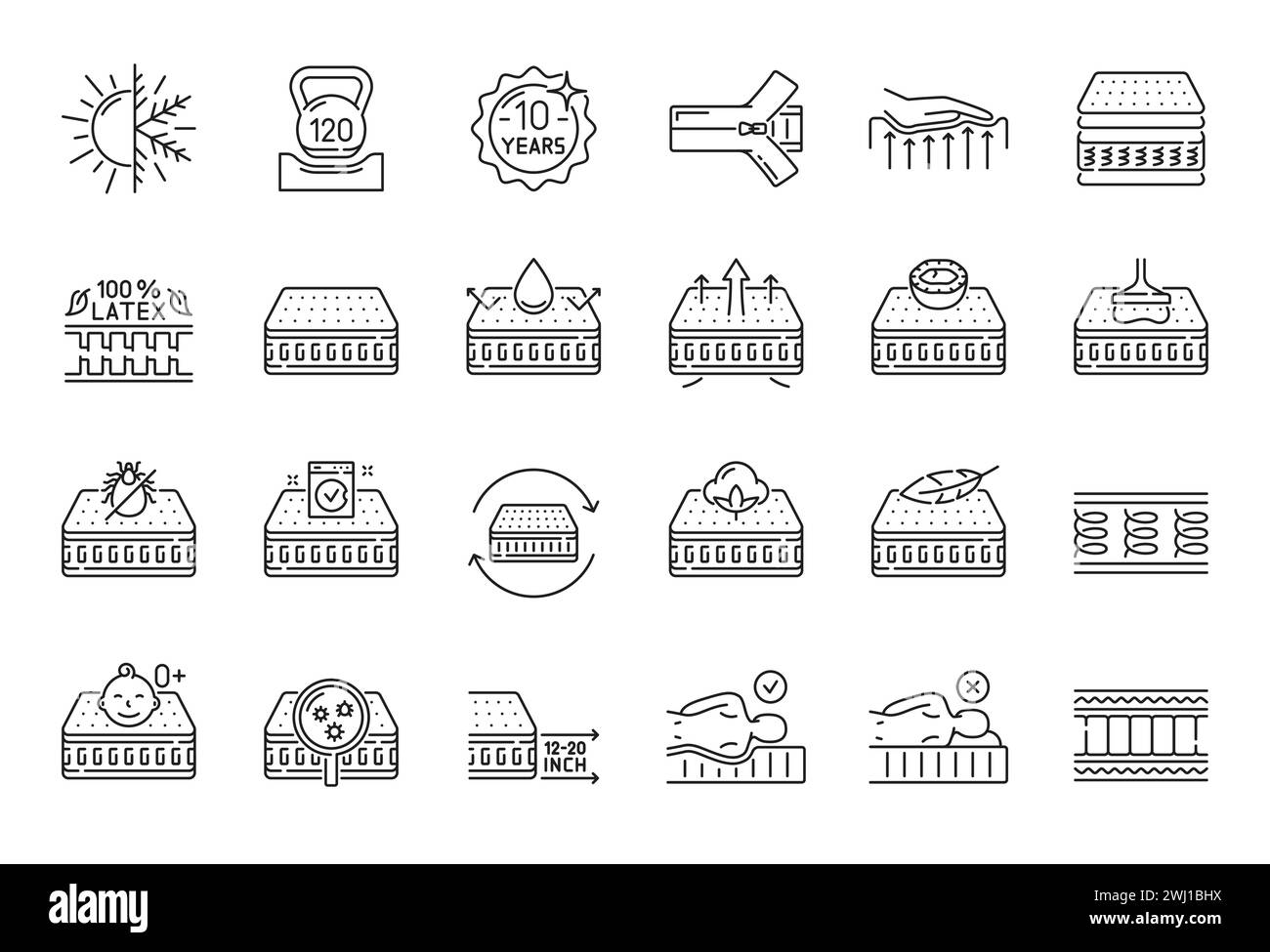 Bed orthopedic memory mattress icons. Soft, breathable, antibacterial ...