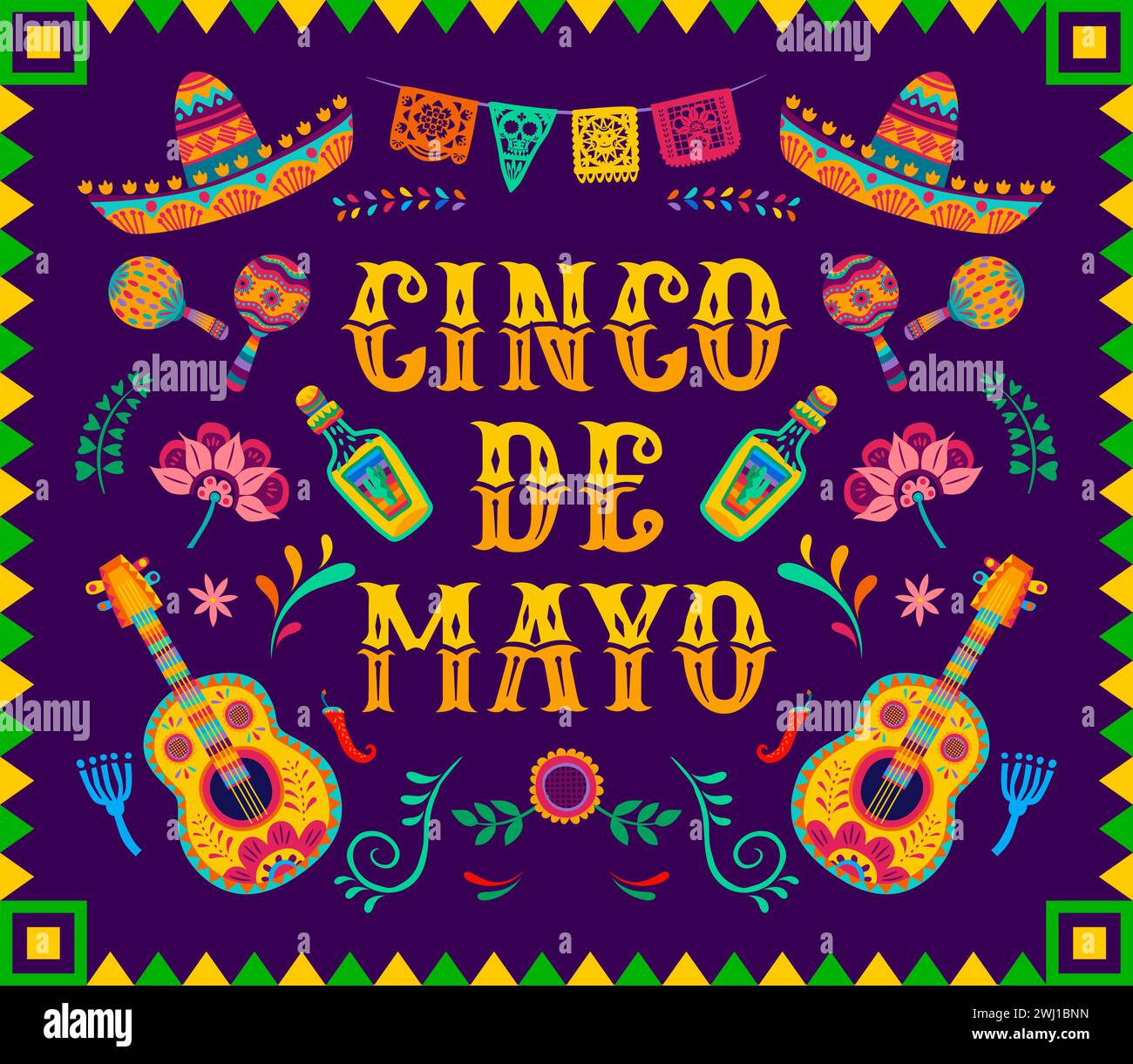 Cinco de mayo mexican holiday banner. Colorful background with cartoon ...