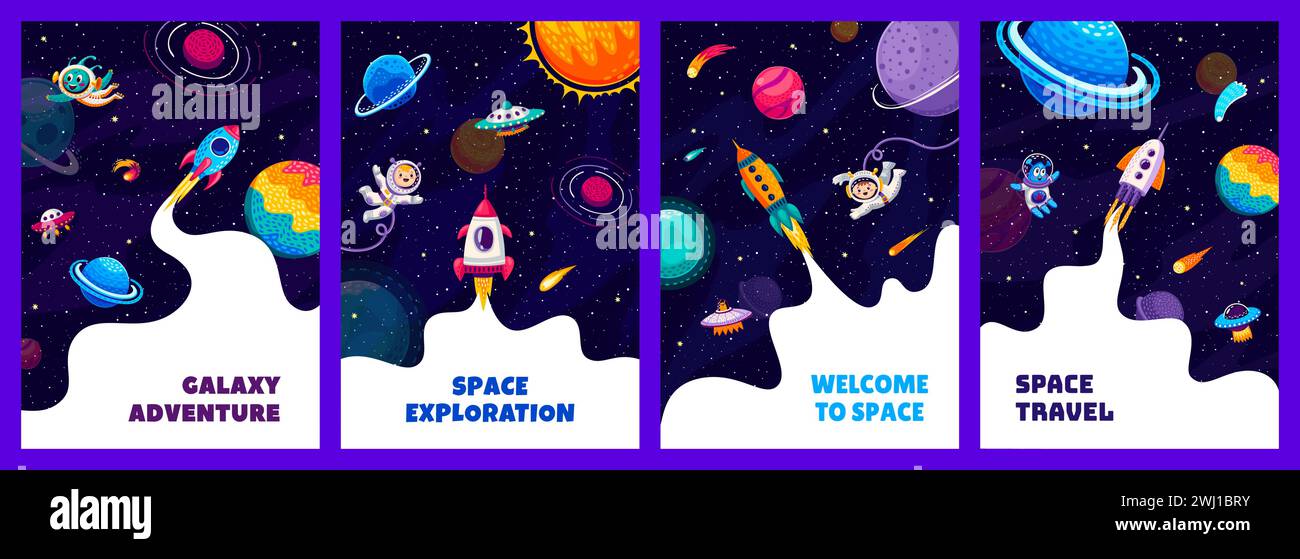 Space posters and flyers. Cartoon kid astronauts, alien characters ...