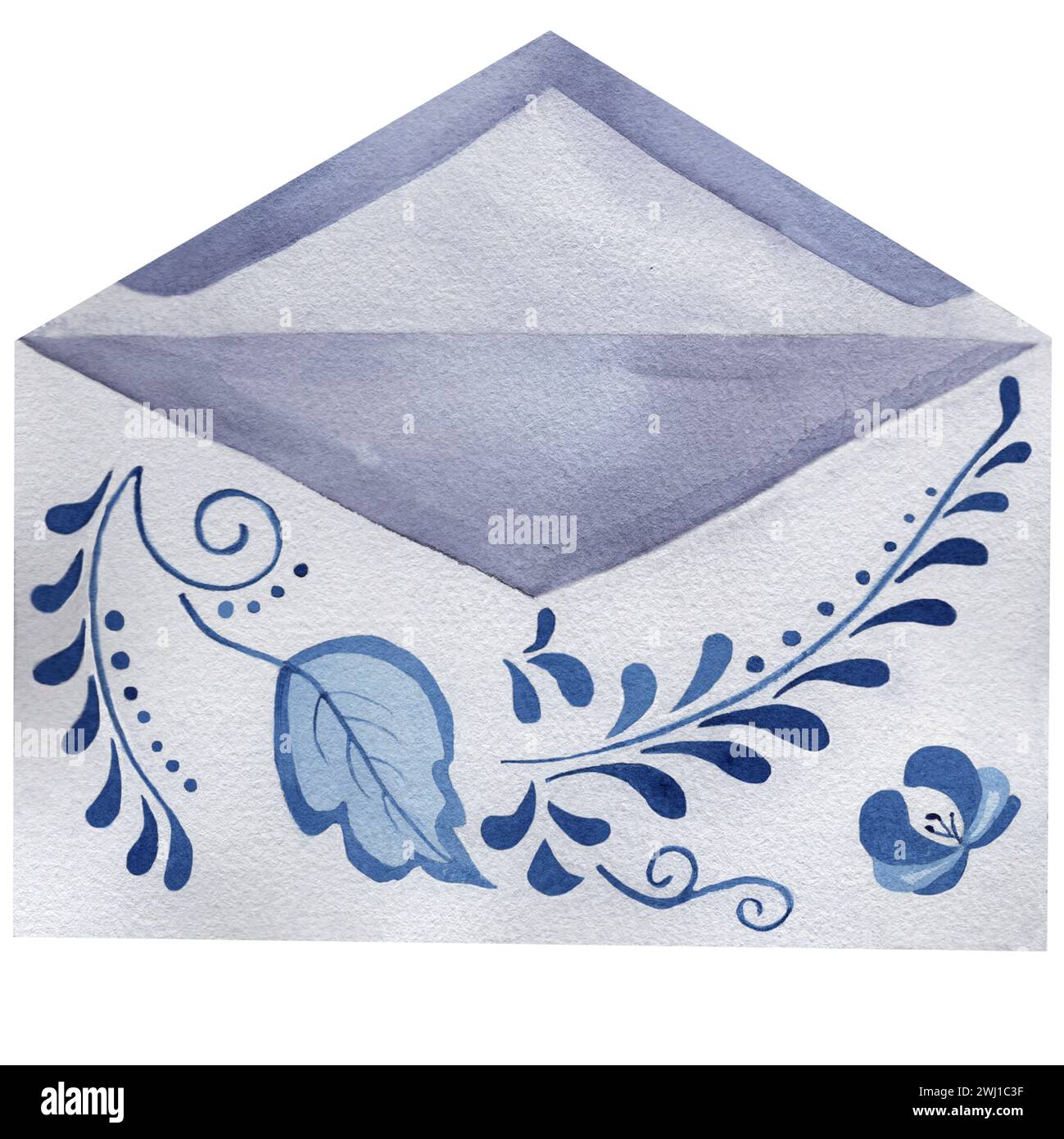 Watercolor retro opened envelope with ornament blue flowers isolated on ...
