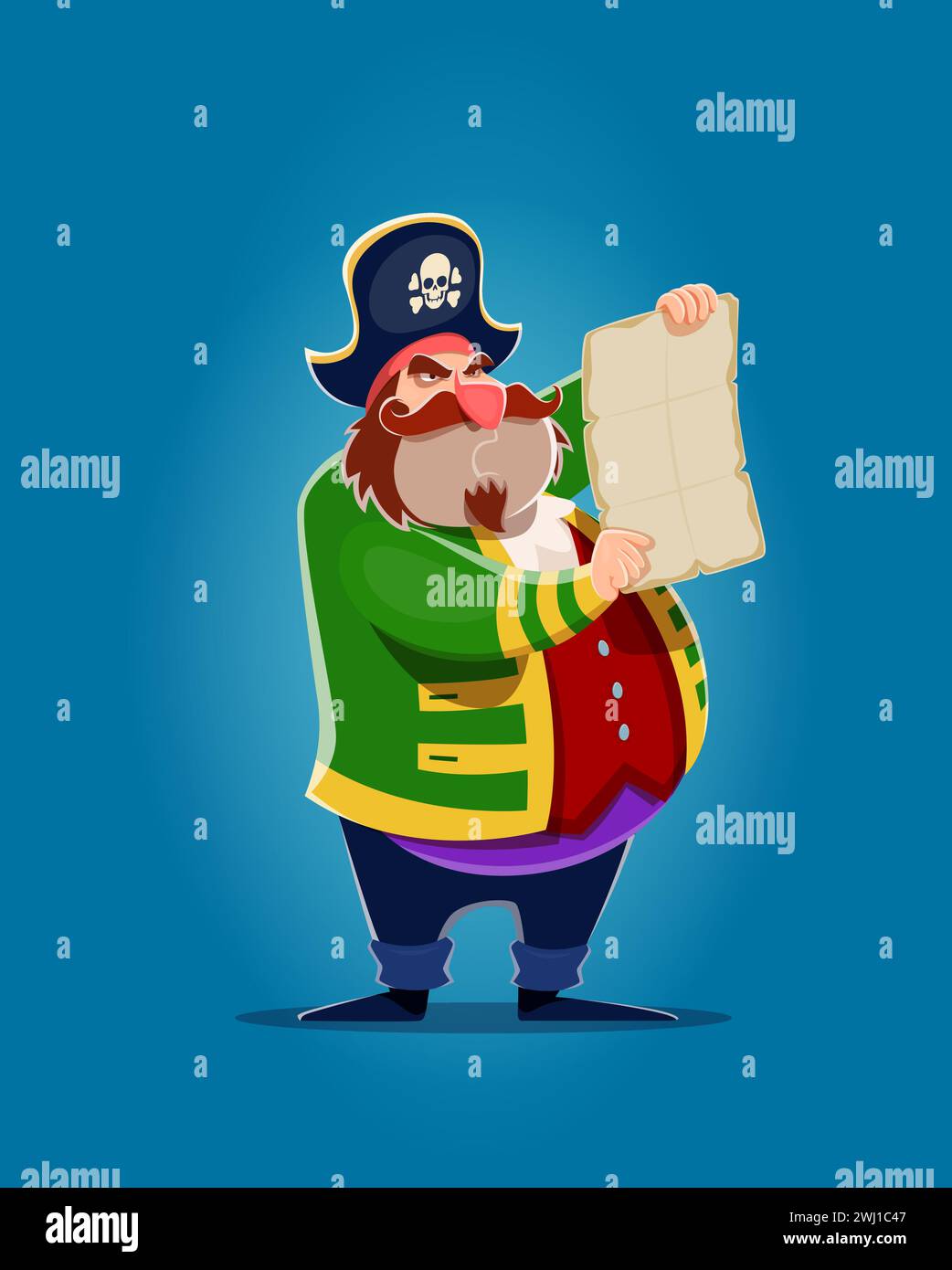 Cartoon pirate captain sailor character with treasures map, vector man personage. Pirate in ...