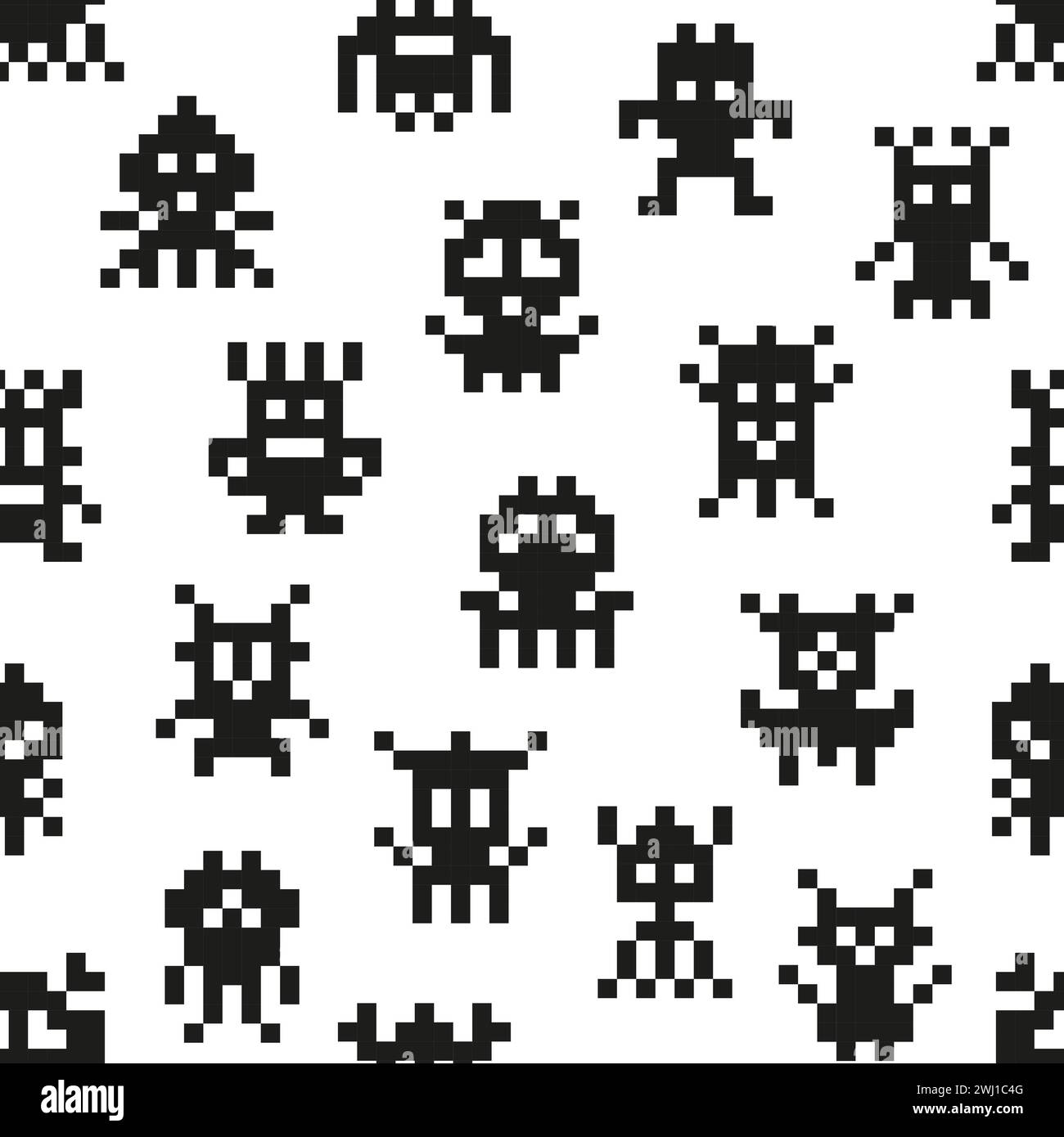 Pixel monsters, arcade game seamless pattern. Fabric or textile ...