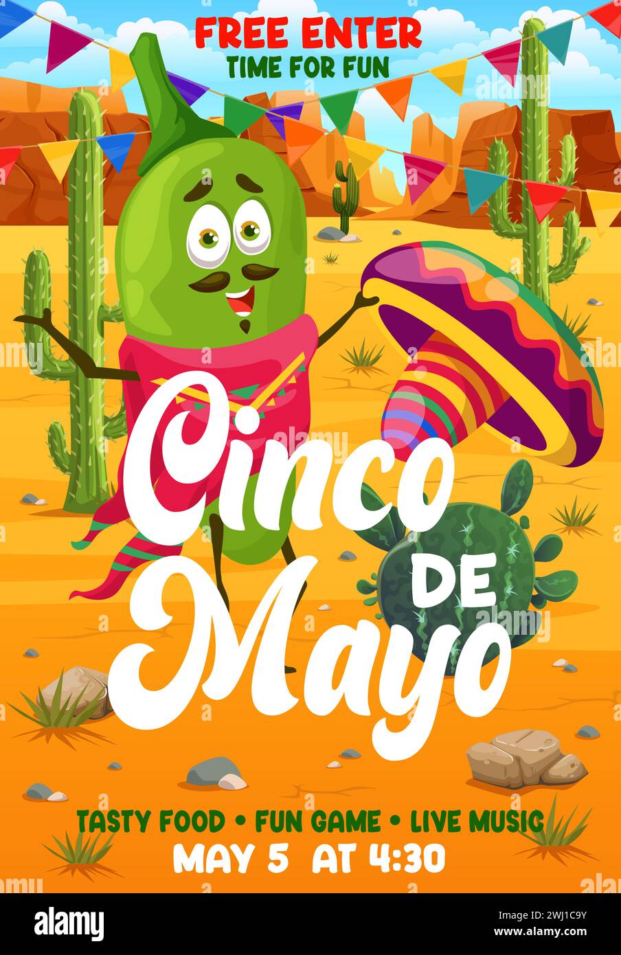 Jalapeno pepper character on Cinco de mayo mexican holiday flyer ...