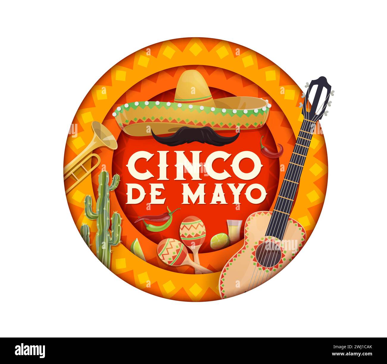 Mexican Cinco de Mayo holiday paper cut banner with sombrero, cactus ...
