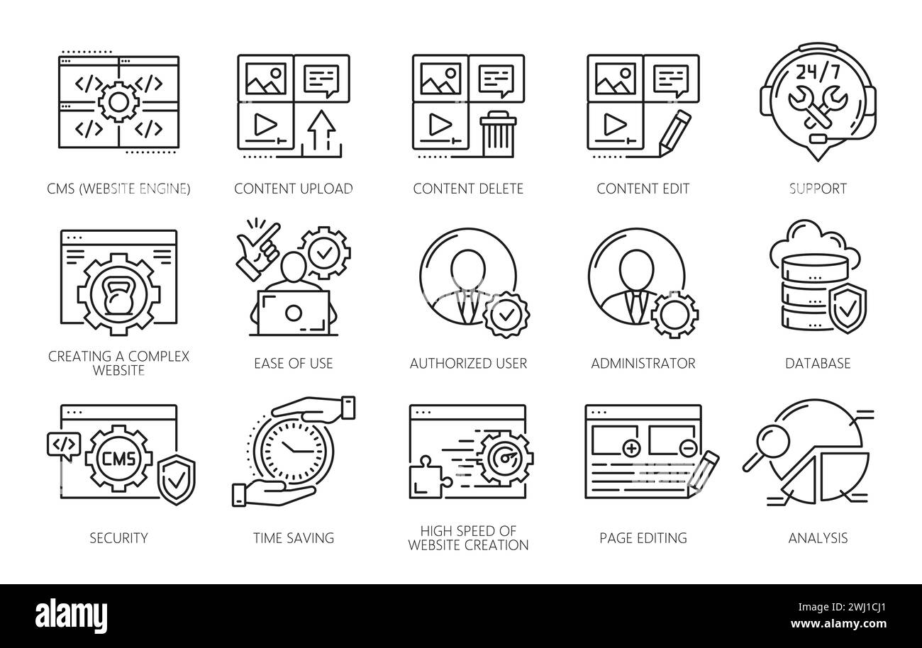 CMS, content management system icons, vector web technologies. Thin ... CMS, content management system icons, vector web technologies. Thin ...