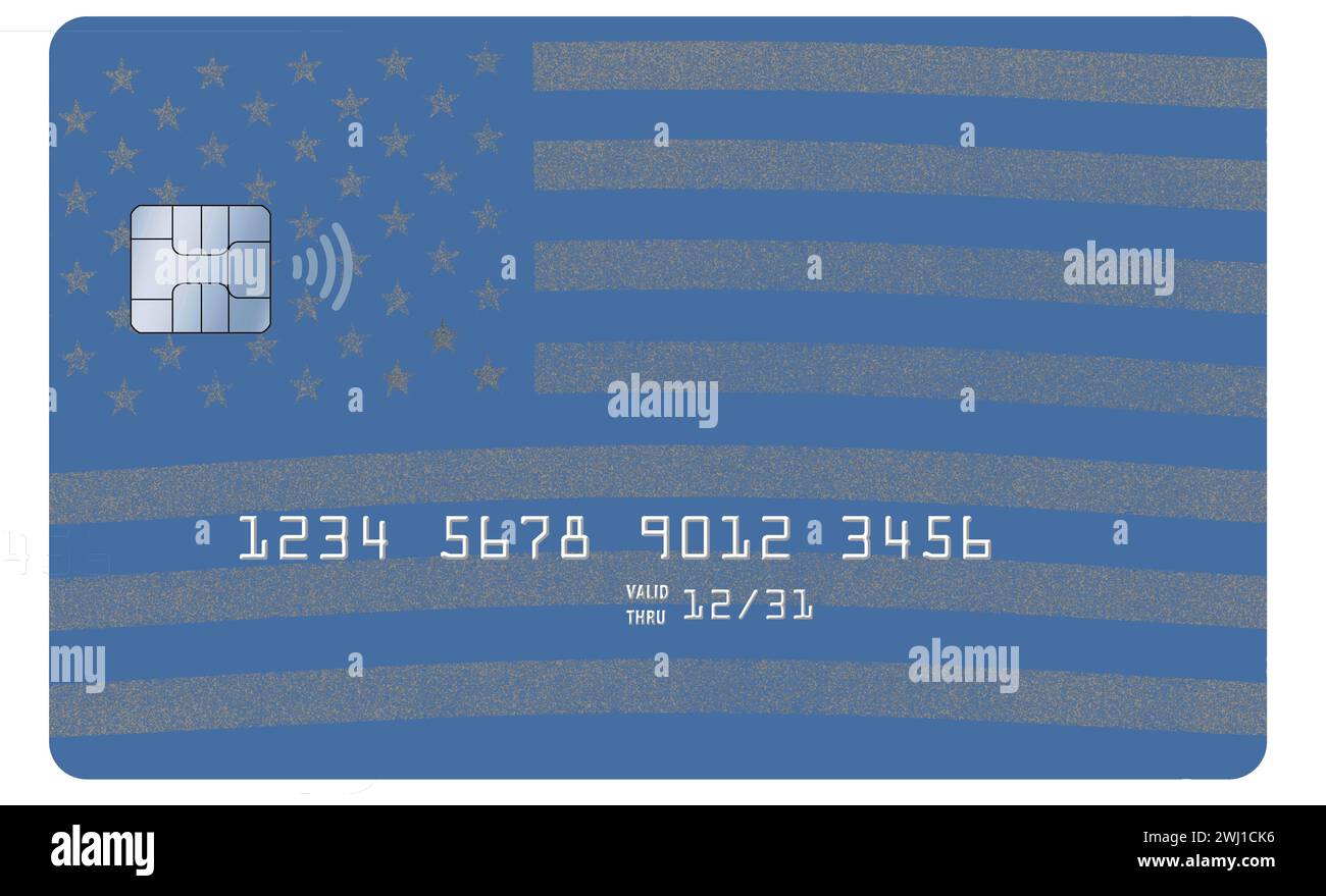 A USA flag is seen on a blue credit or debit card in a 3-d illustration ...