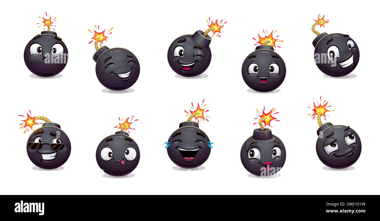 Cartoon bomb characters. Explosive, weapon personages with cute smiling ...