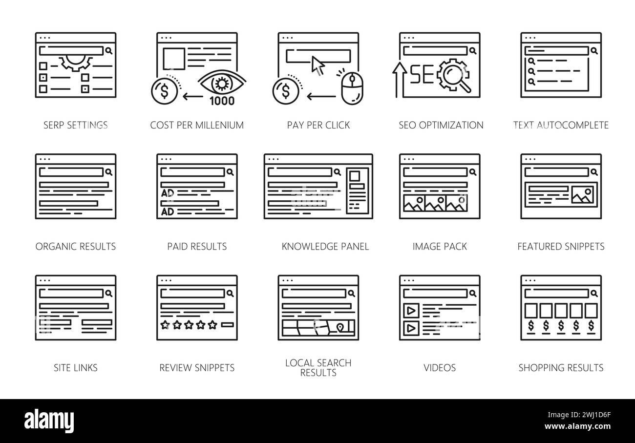 SERP icons. Search engine result page vector symbols of digital ...