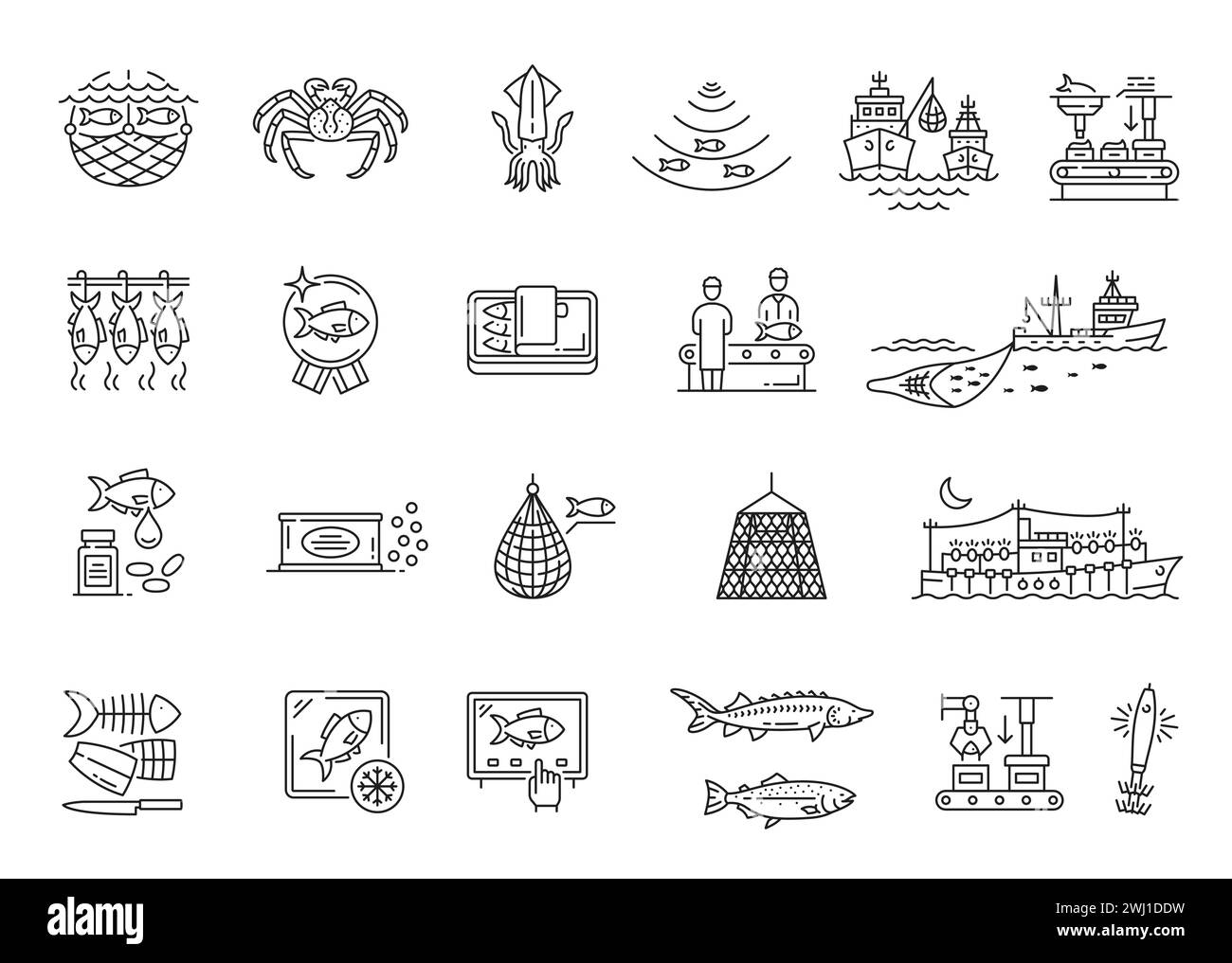 Fishing industry line icons, fishery boat, fish market and seafood ...