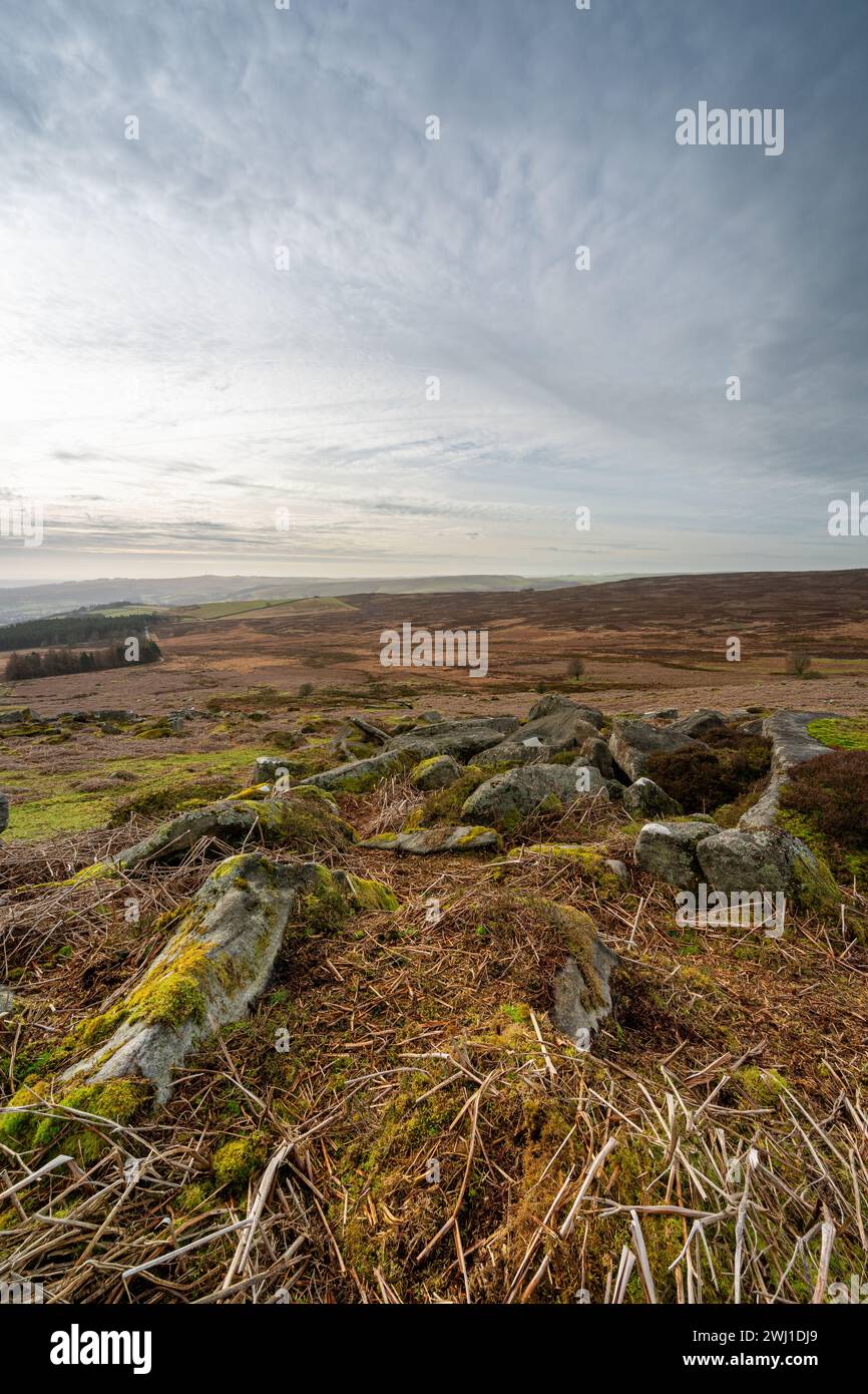 Stanage Edge bleak winter Derbyshire Peak District National Park rural ...