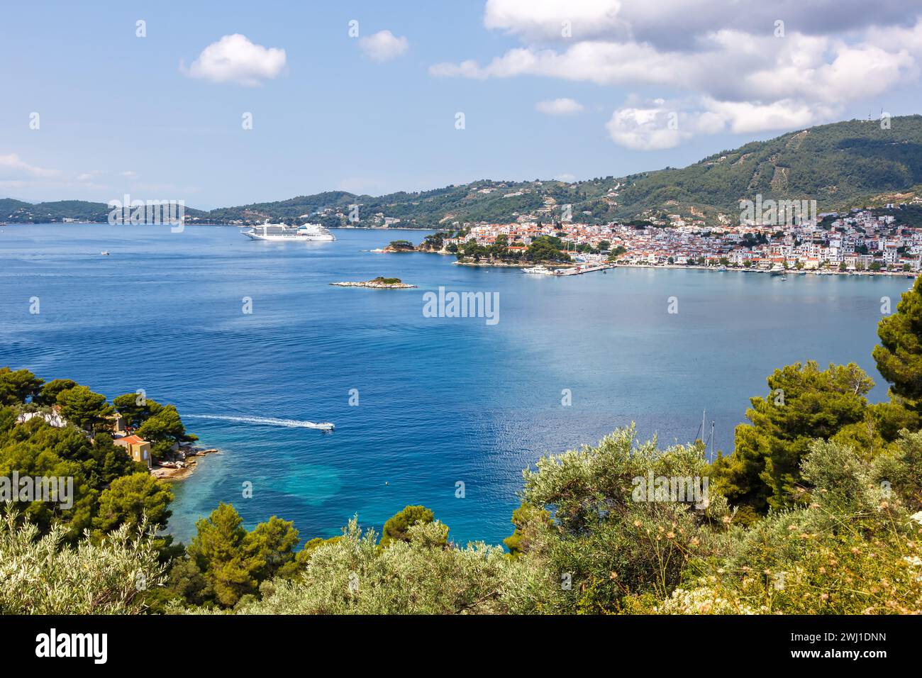 Skiathos town with cruise ship vacation by the sea on the Mediterranean ...