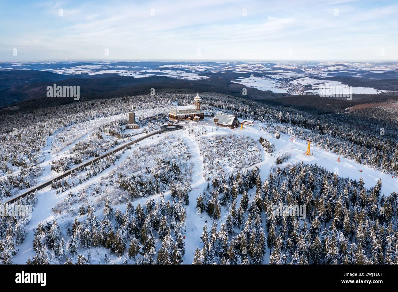 Fichtelberg highest mountain in the Ore Mountains in winter aerial view ...