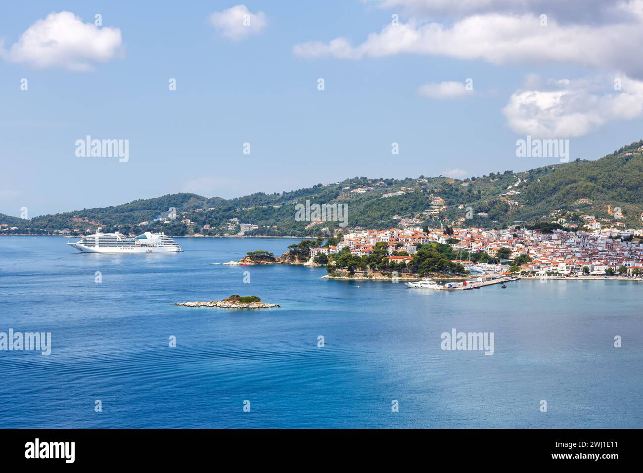 Skiathos town with cruise ship vacation by the sea on the Mediterranean ...