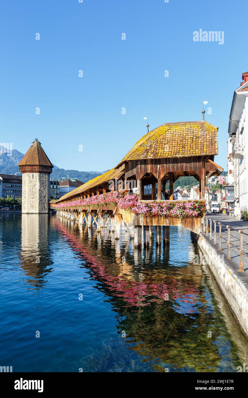 Lucerne city on the river Reuss with Chapel Bridge portrait in ...