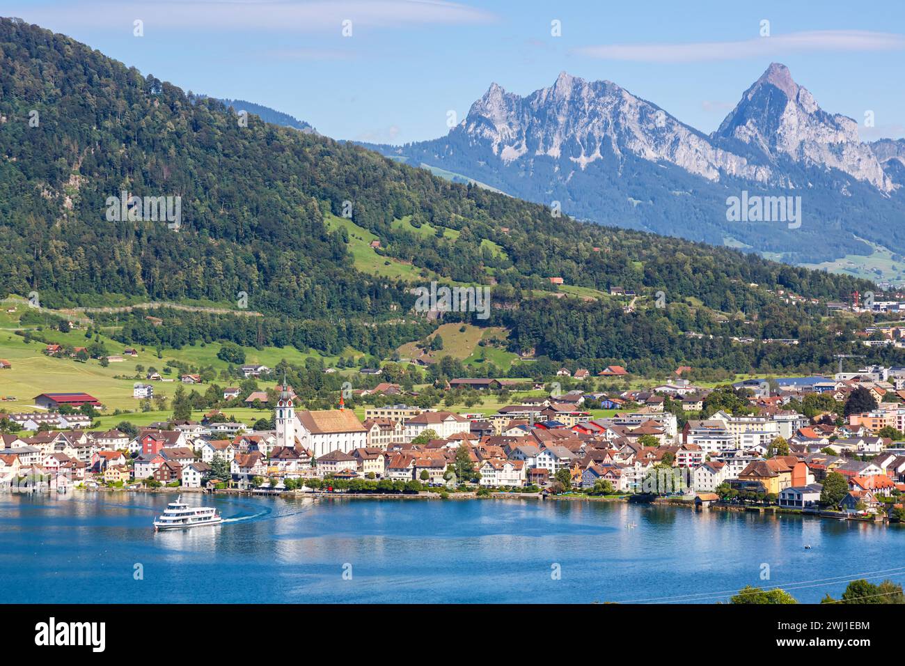 View of Arth on Lake Zug and mountains in the Swiss Alps with Kleiner ...