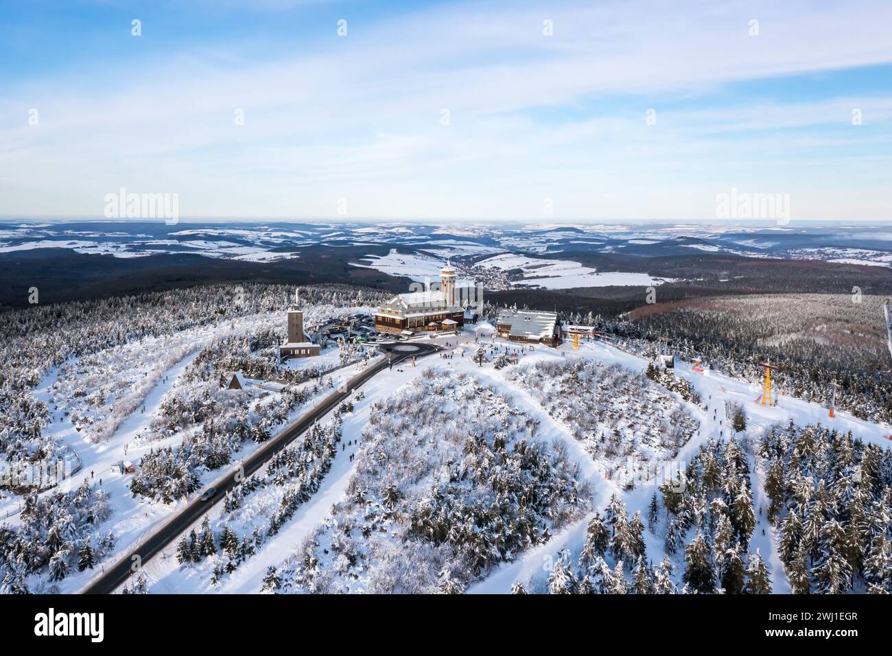 Fichtelberg highest mountain in the Ore Mountains in winter aerial view ...