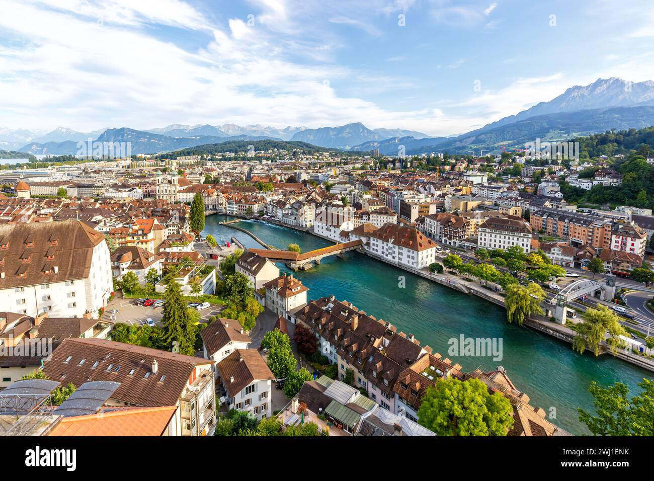 Lucerne city on the river Reuss with Spreuer bridge view from above in ...