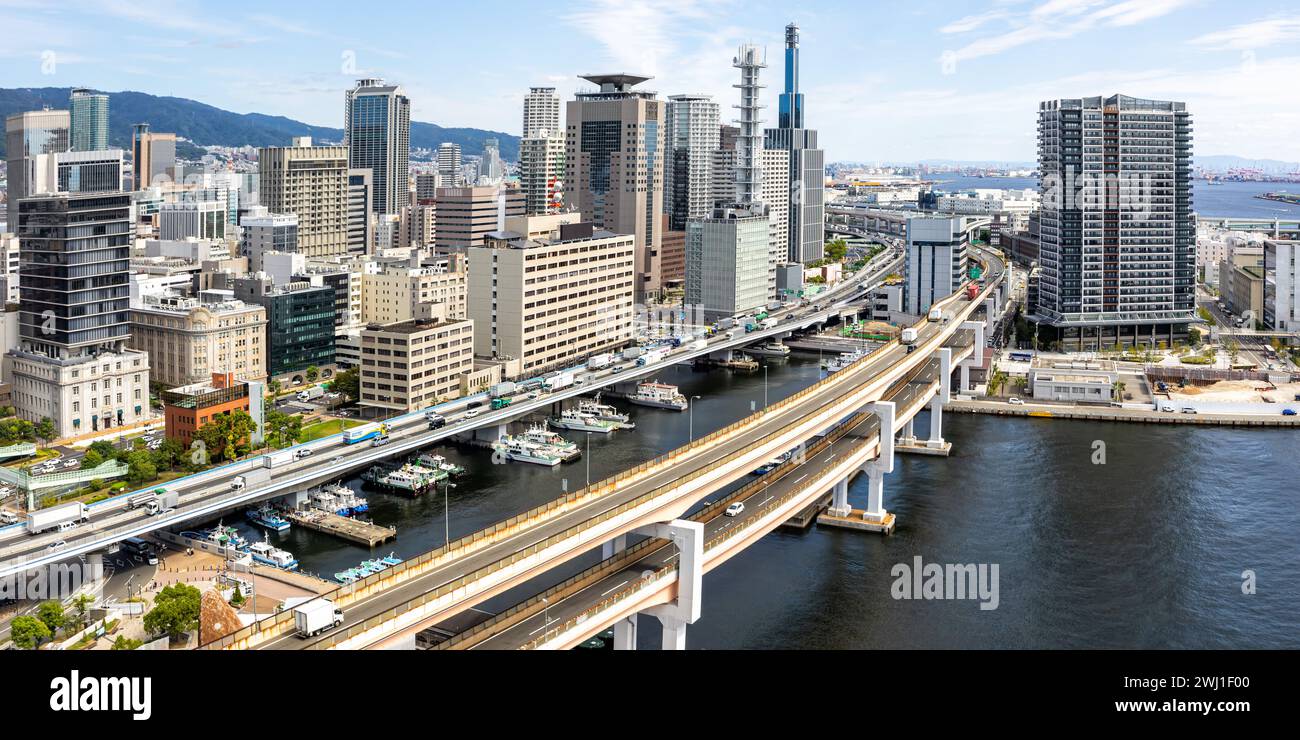 Kobe skyline from above with harbor and elevated road panorama in Japan ...