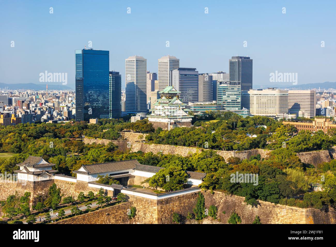Osaka Castle from above with the skyline skyscrapers in Japan Stock ...